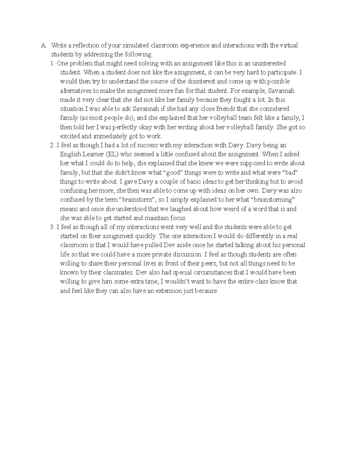 Task 3- Teacher and Student Interactions and Reflection - A. Write a ...