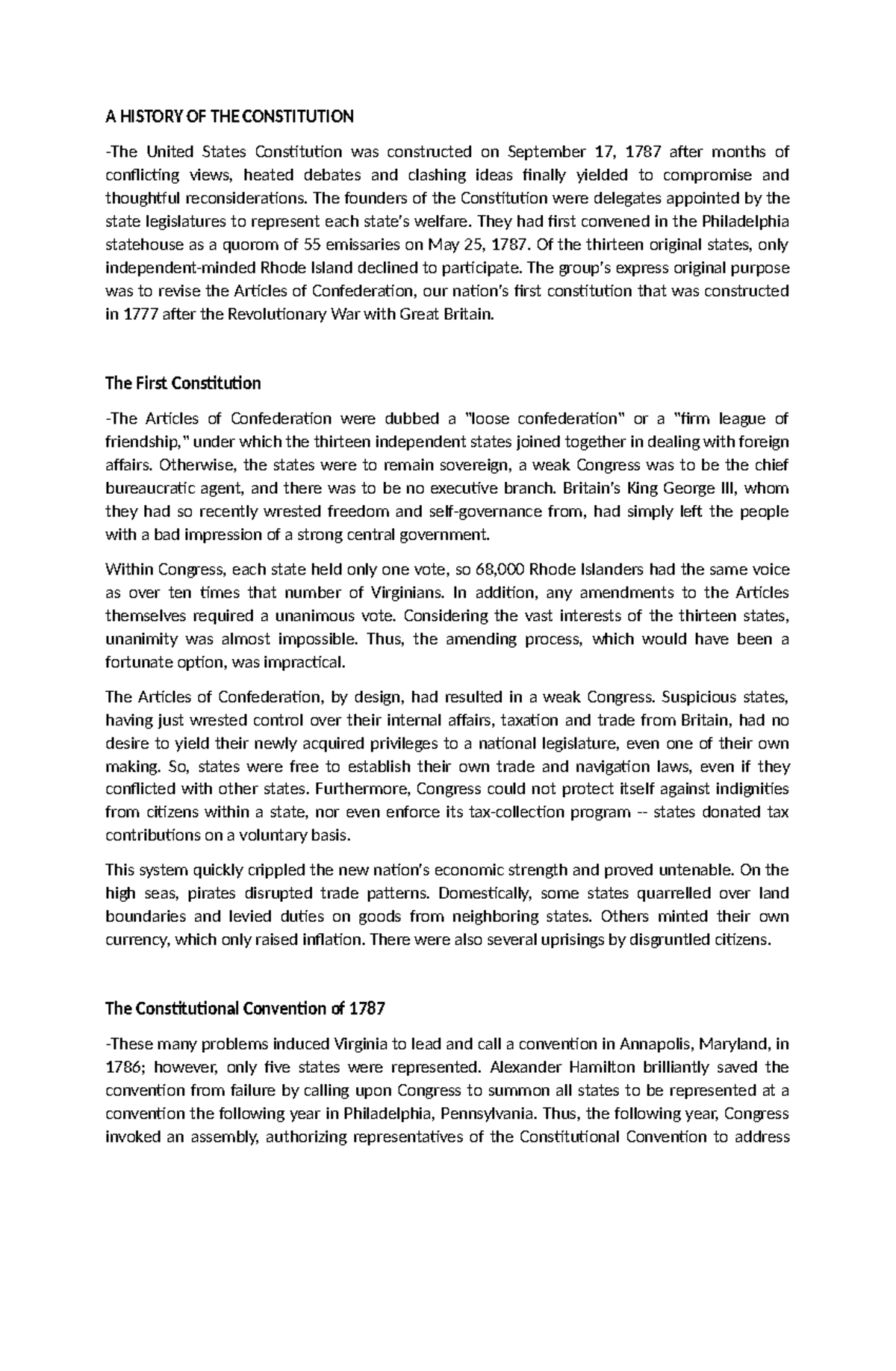 History of the Constitution - A HISTORY OF THE CONSTITUTION -The United ...