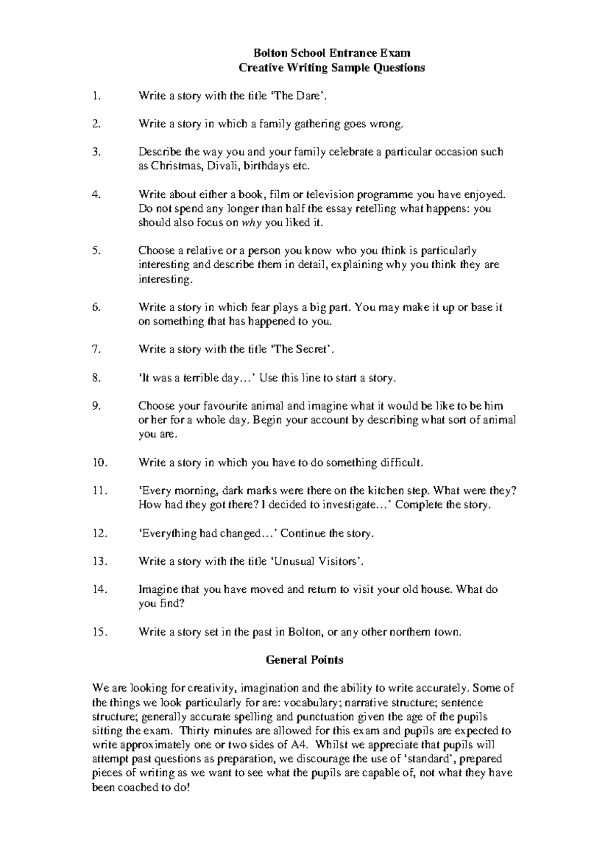 Creative writing - notes on essays - Bolton School Entrance Exam ...