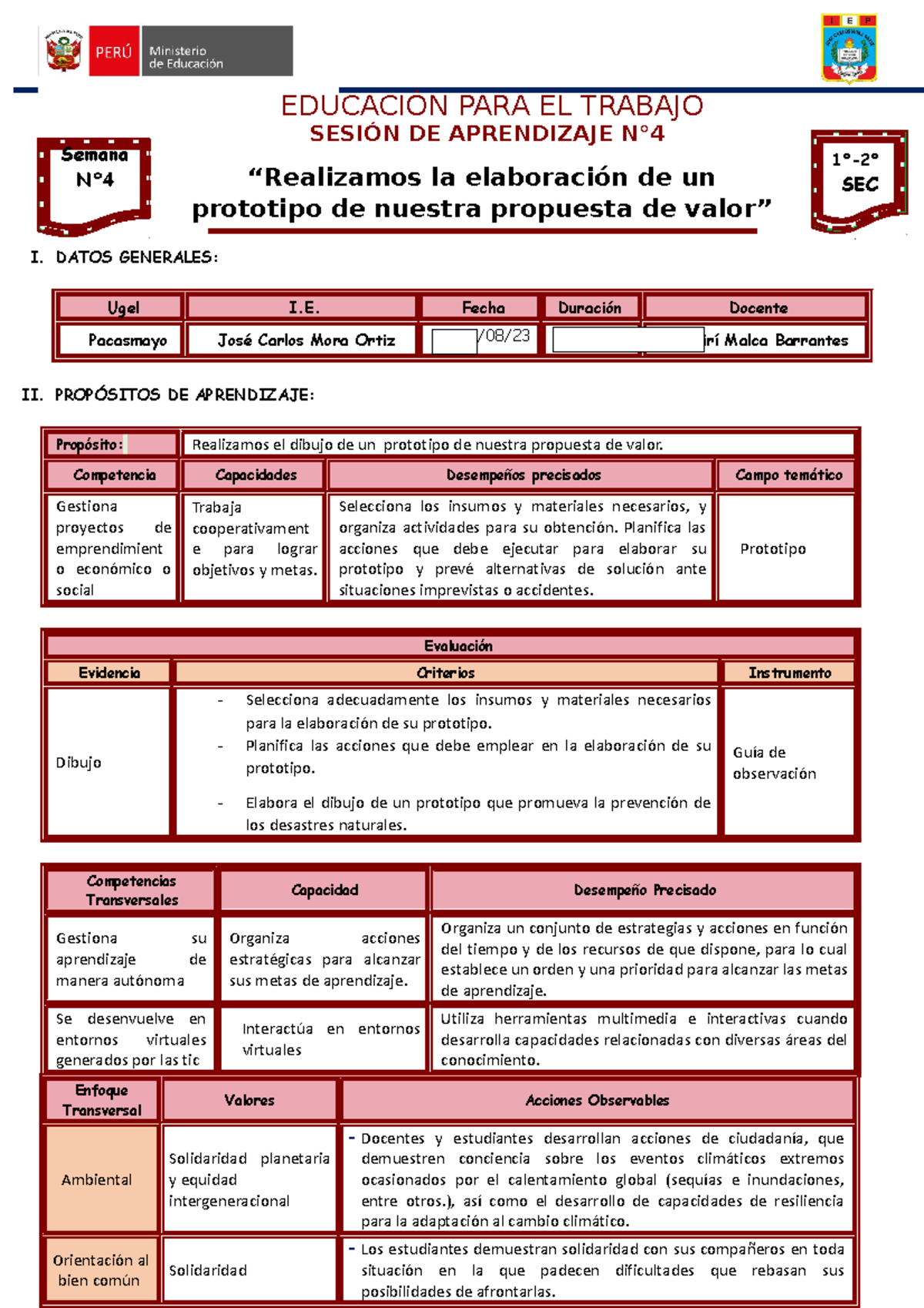 1°-2° Sesión DE Aprendizaje Sesión 4-SEM.4-EXP.3- Educacion PARA EL Trabajo - I. DATOS GENERALES ...