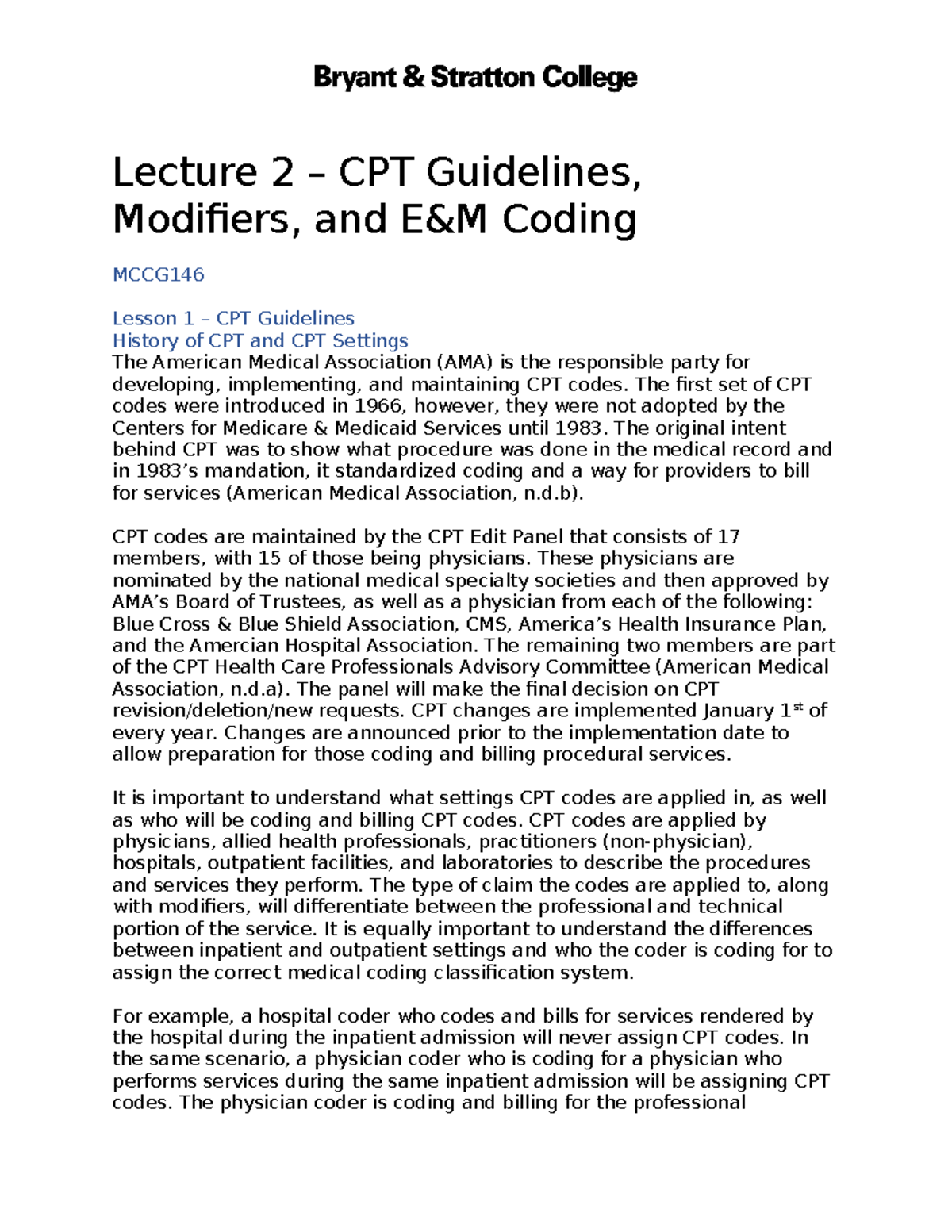 Mccg146 Lecture 2 Cpt Guidelines Modifiers And Eandm Coding Lecture 2 Cpt Guidelines