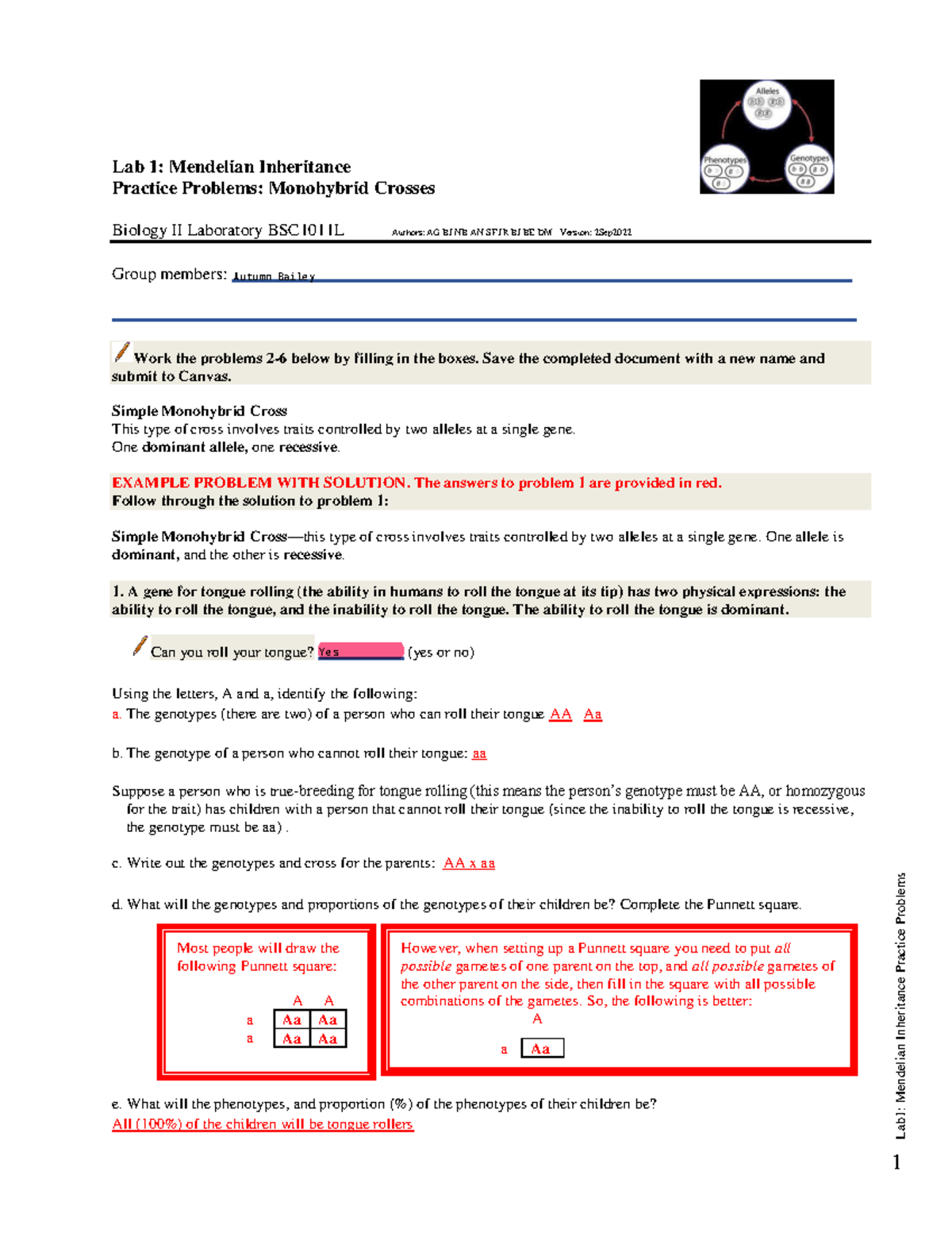 Lab 1 Practice Problems in Mendelian Inheritance 2Sep2022 for students ...