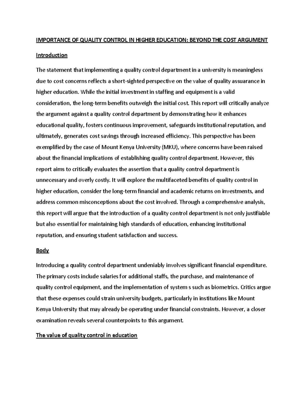 A sample of writing a report in quality control about a certain case ...