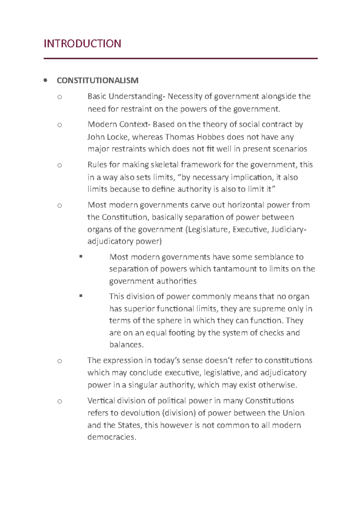 Constitutionalism- Notes - INTRODUCTION CONSTITUTIONALISM o Basic ...
