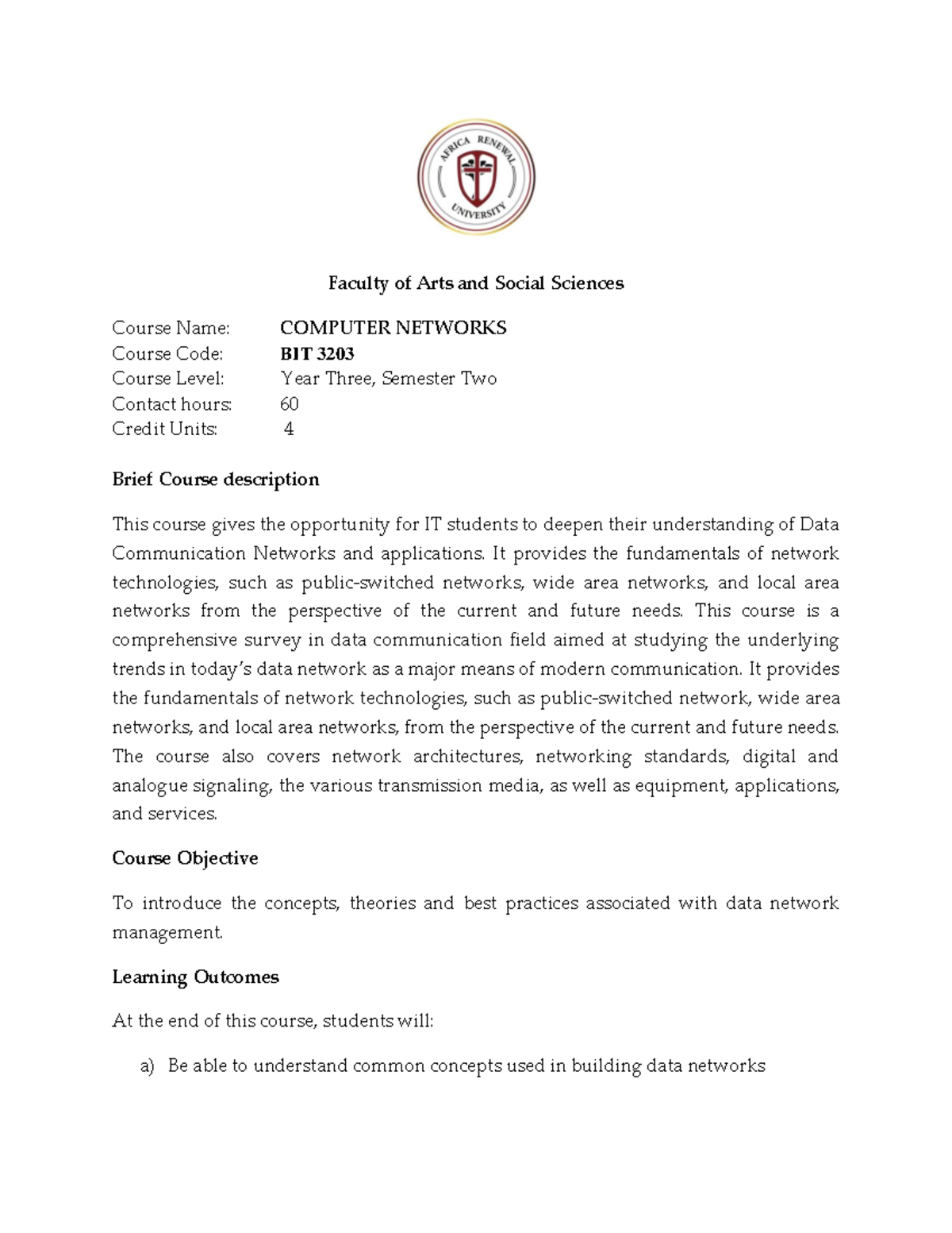 Computer Networks - Faculty of Arts and Social Sciences Course Name: COMPUTER NETWORKS Course ...