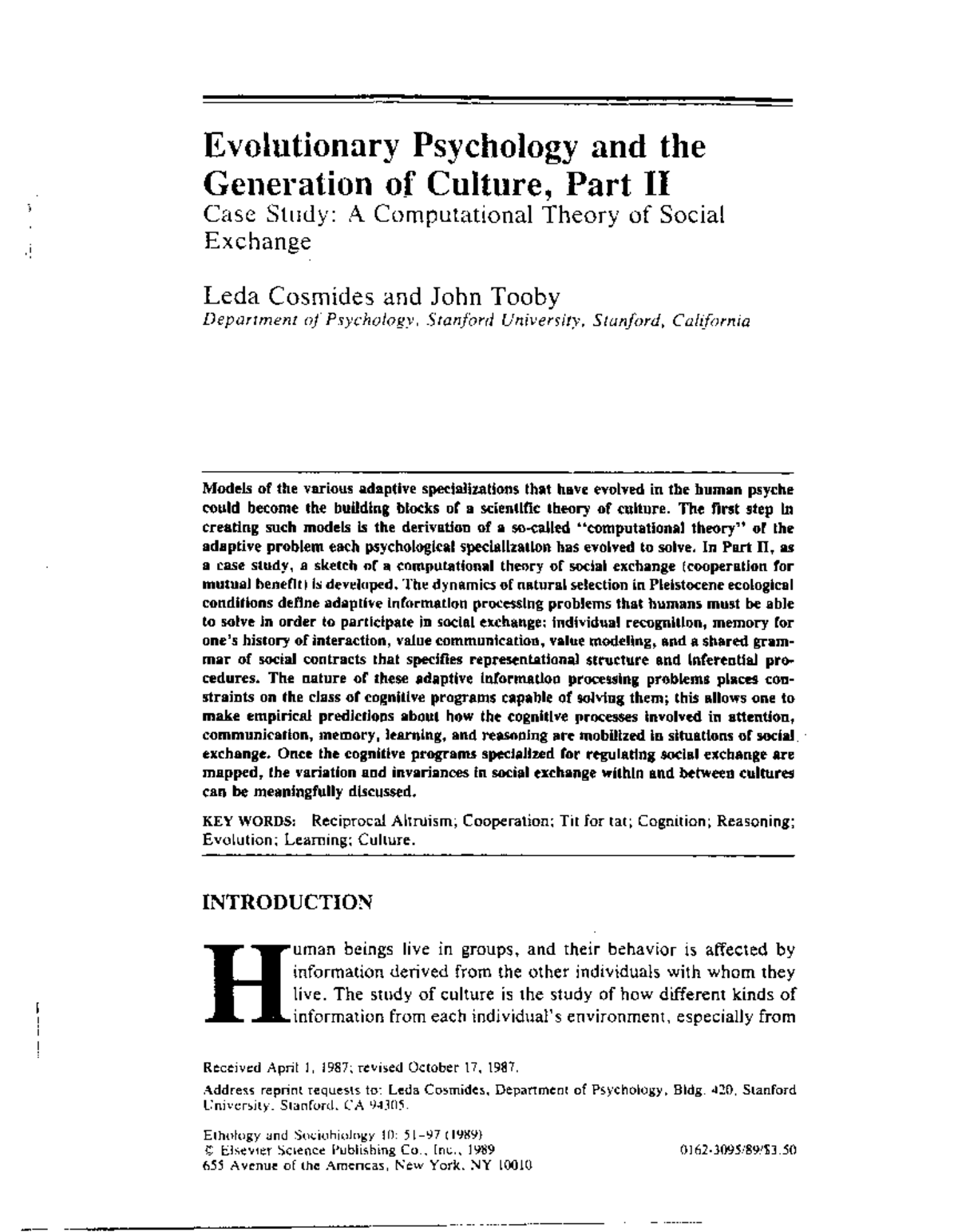 Compsocx 89 - Evolutionary Psychology and the Generation of Culture ...
