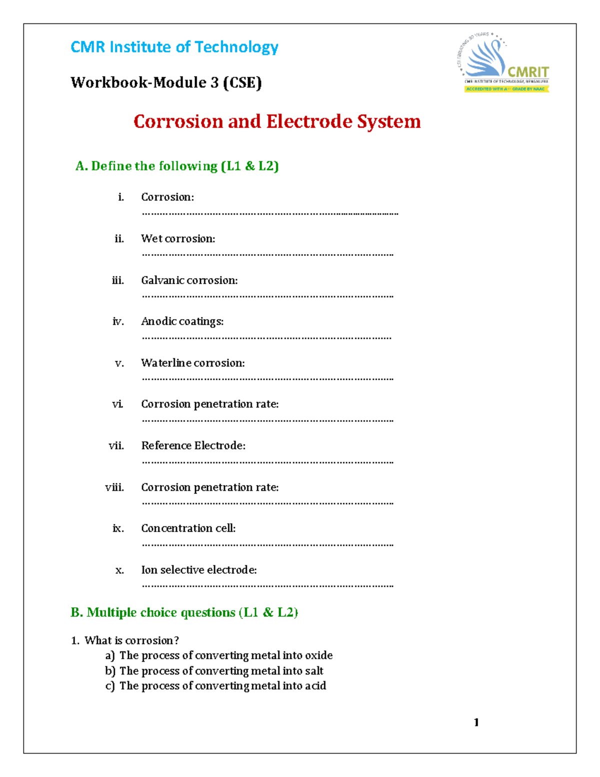 Workbook for module 3 CSE - Workbook-Module 3 (CSE) Corrosion and ...