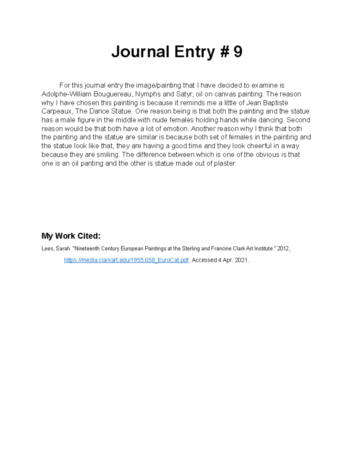 Journal Entry #9 Art History - Journal Entry # 9 For this journal entry ...