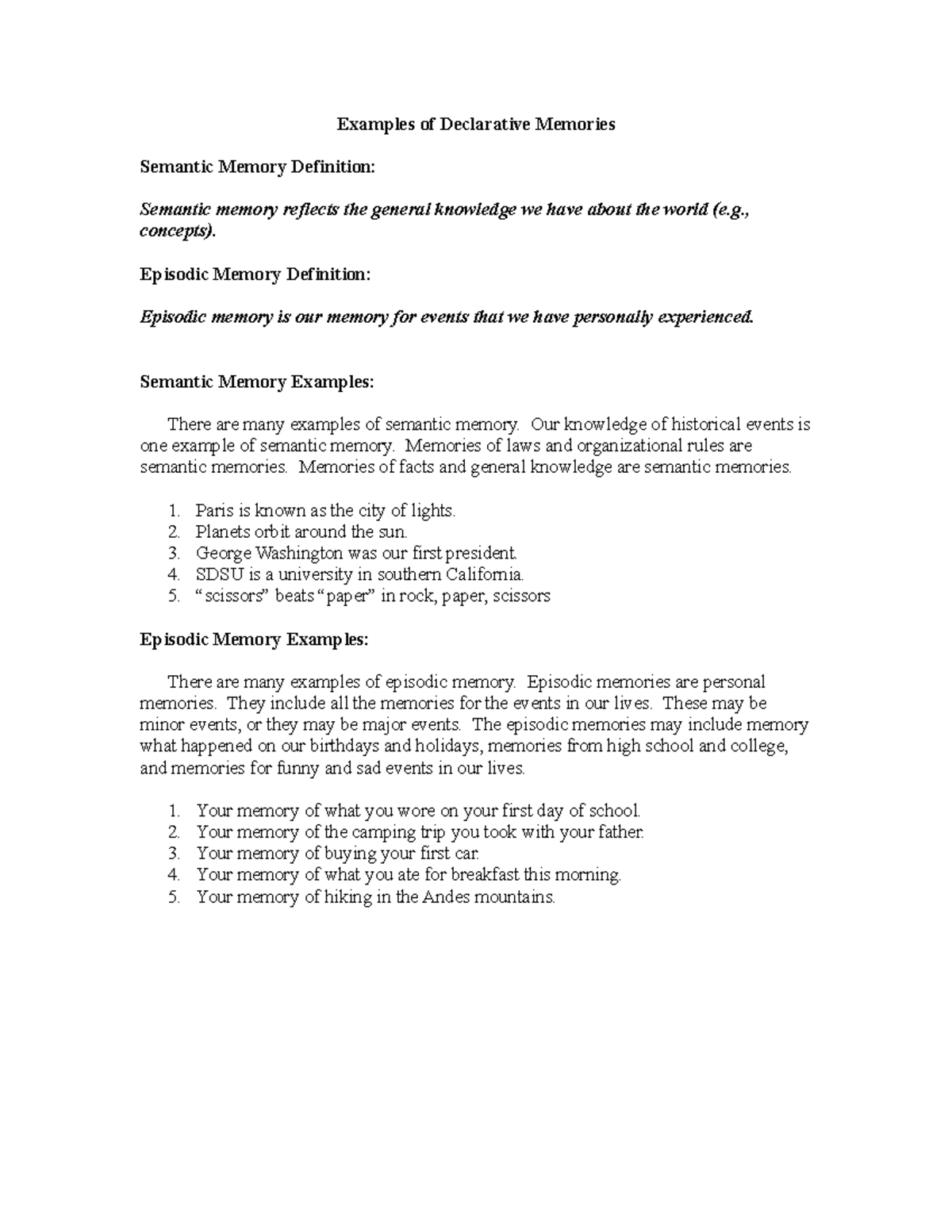 Episodic. vs semantic memories 2018 - Examples of Declarative Memories ...