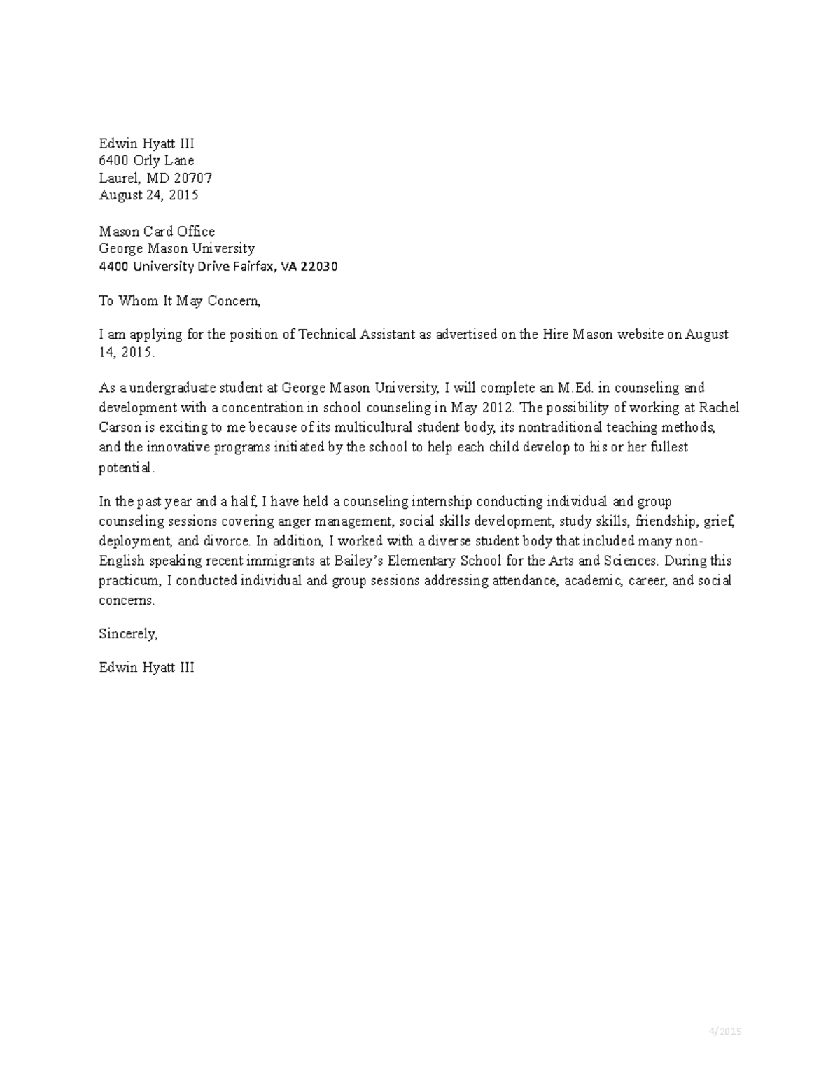 Application Letter Sample-5 - Edwin Hyatt III 6400 Orly Lane Laurel, MD ...