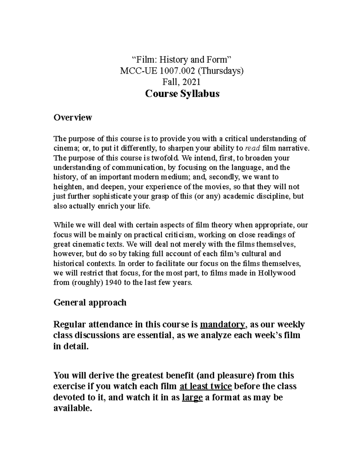 Syllabus for Film- History and Form, Section 002 (Thursday) - “Film ...