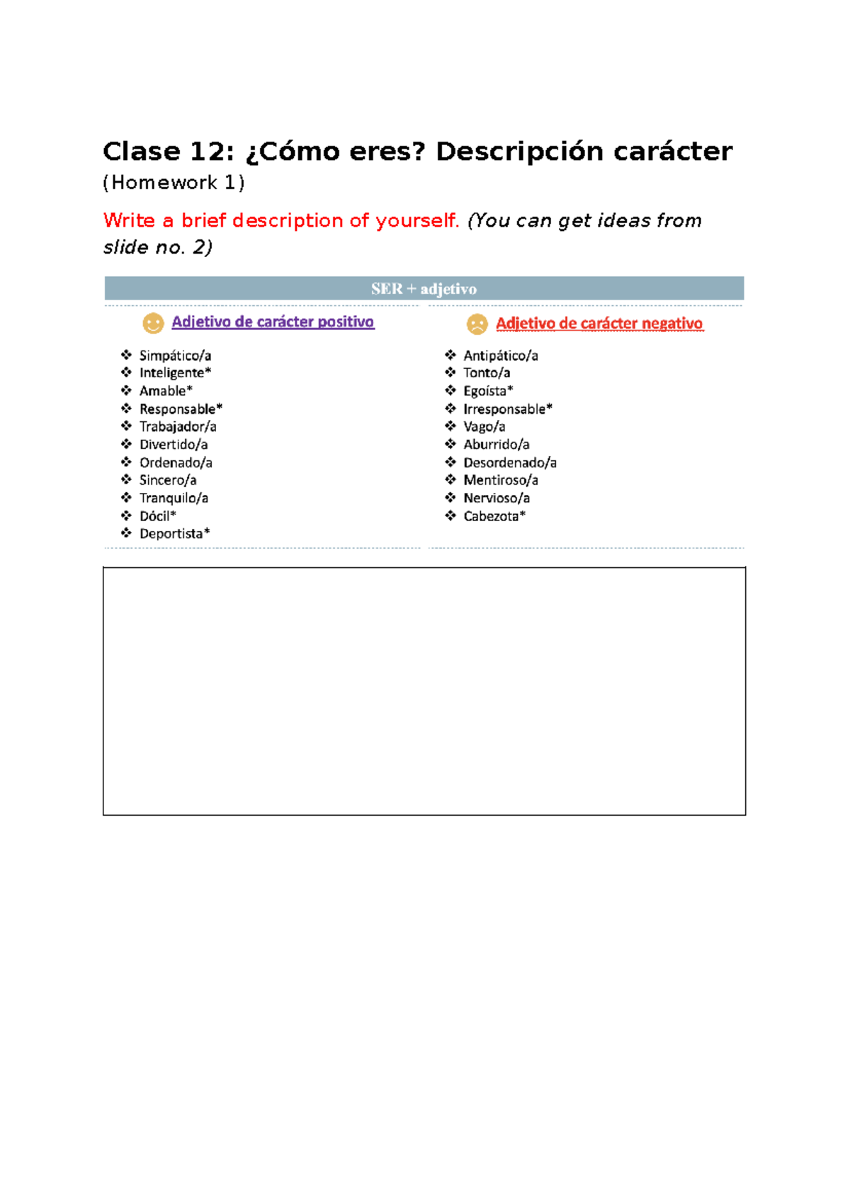 Clase 12 - class exercise - Clase 12: ¿Cómo eres? Descripción carácter ...
