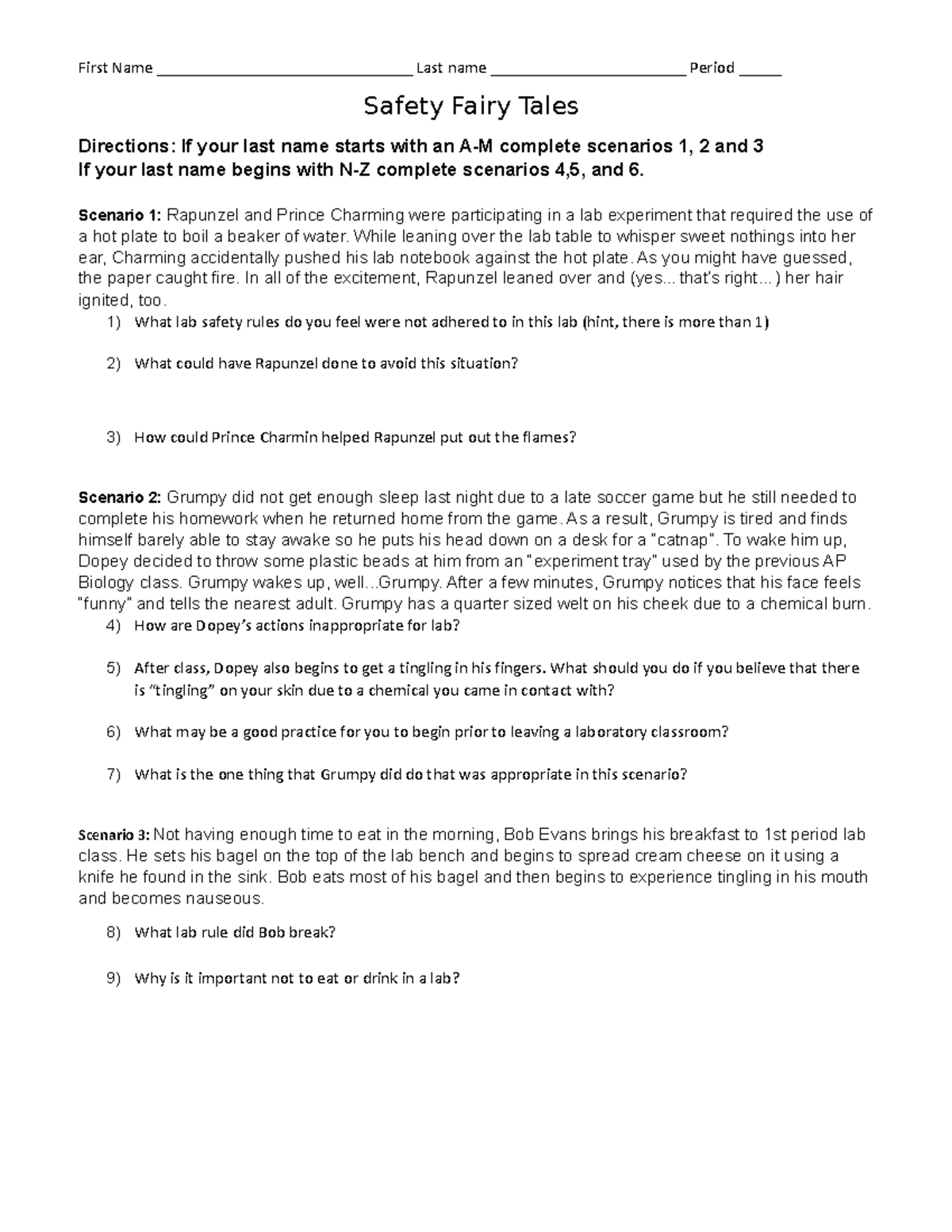 Lab safety fairy tales - helping with kids - First Name ...