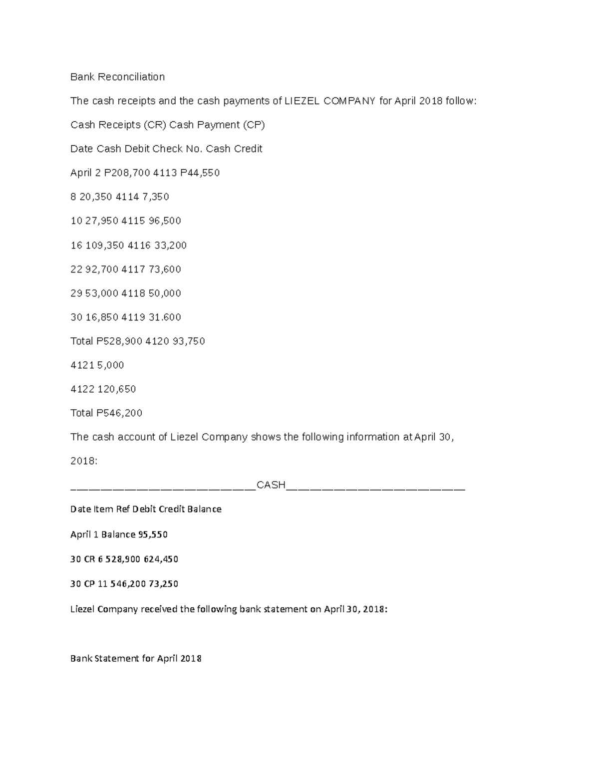 1 - Problem examples with answers. - Bank Reconciliation The cash ...