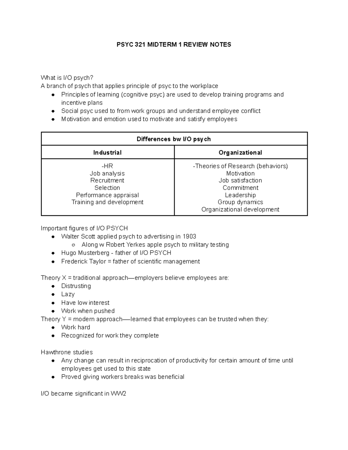 Psyc 321 Midterm 1 Review Notes Psyc 321 Midterm 1 Review Notes What Is Io Psych A Branch Of