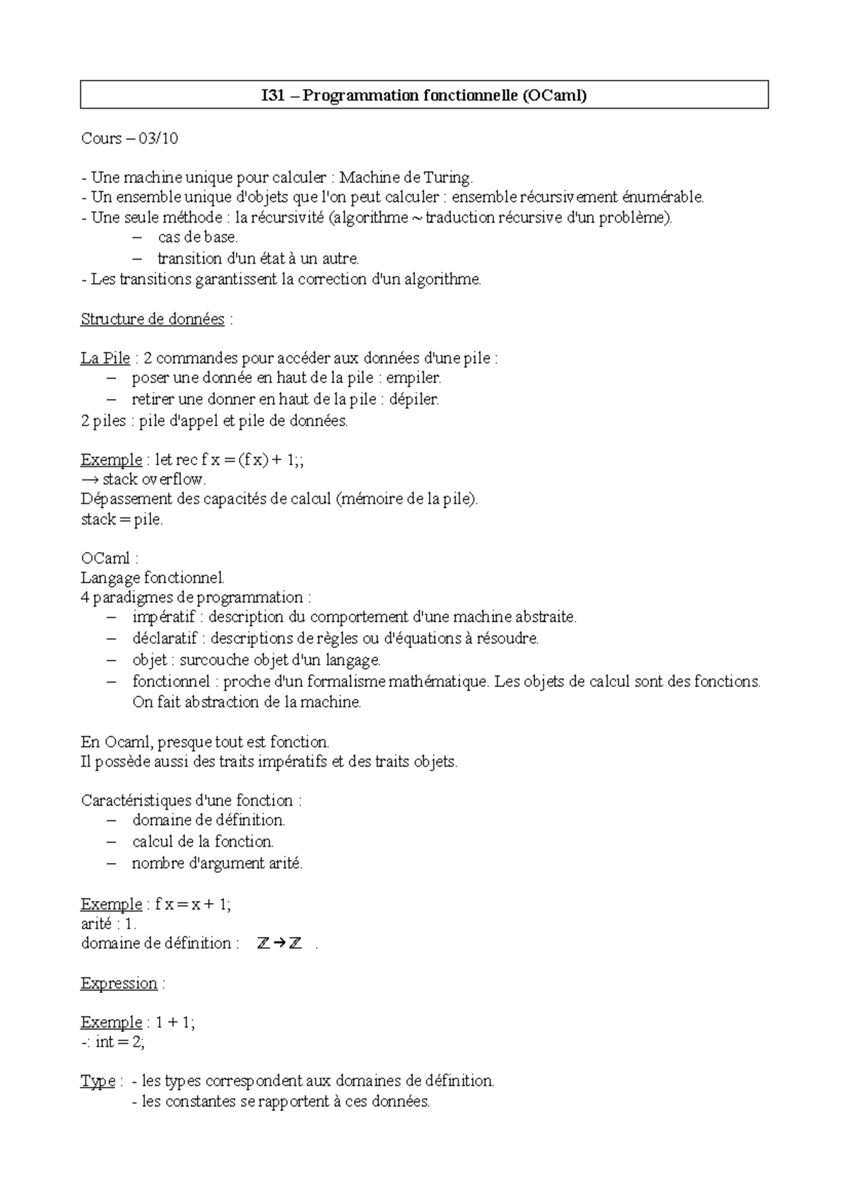 Cours i31 03 10 - I31 – Programmation fonctionnelle (OCaml) Cours – 03/ Une machine unique pour ...