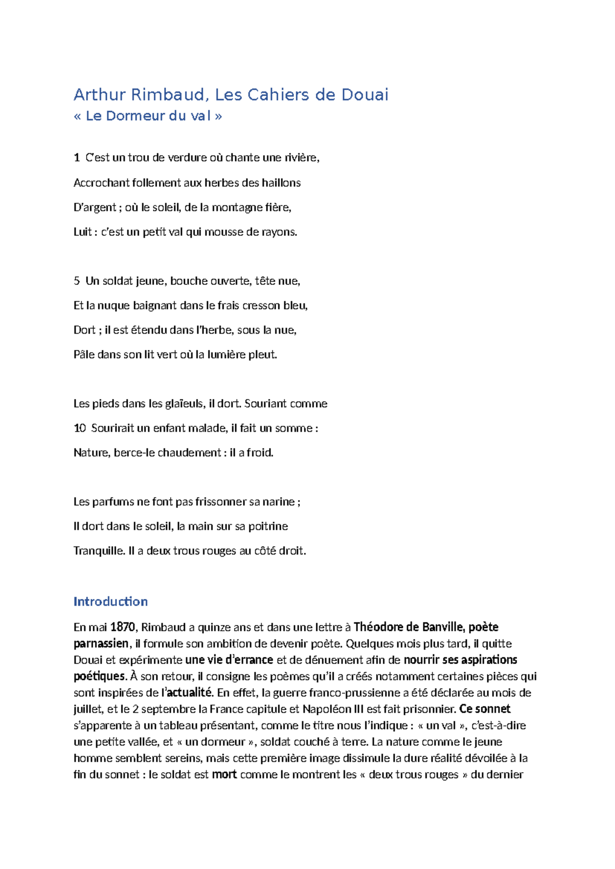 Analyse linéaire Dormeur du val - Arthur Rimbaud, Les Cahiers de Douai « Le Dormeur du val » 1 C ...