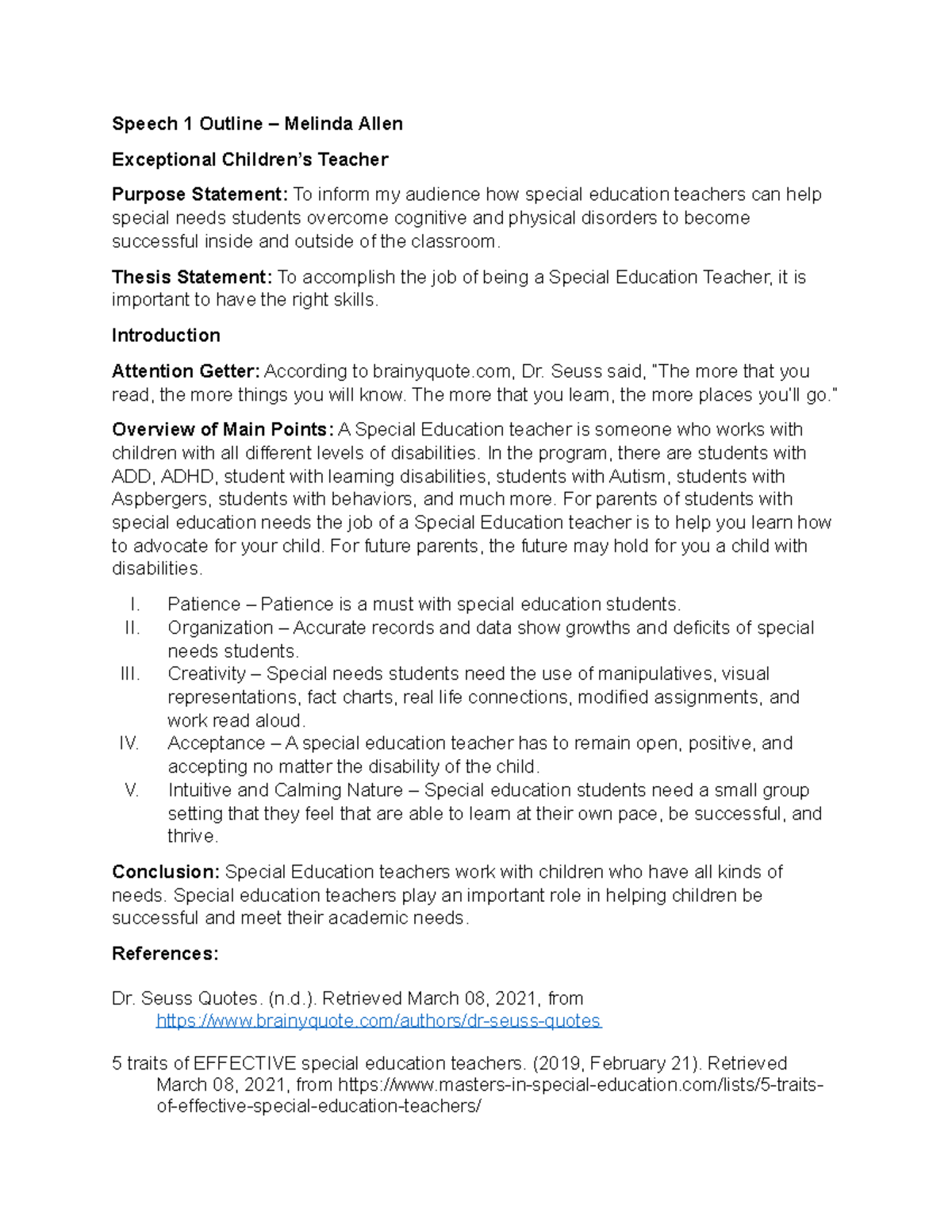 Speech 1 Outline - Speech 1 Outline – Melinda Allen Exceptional ...