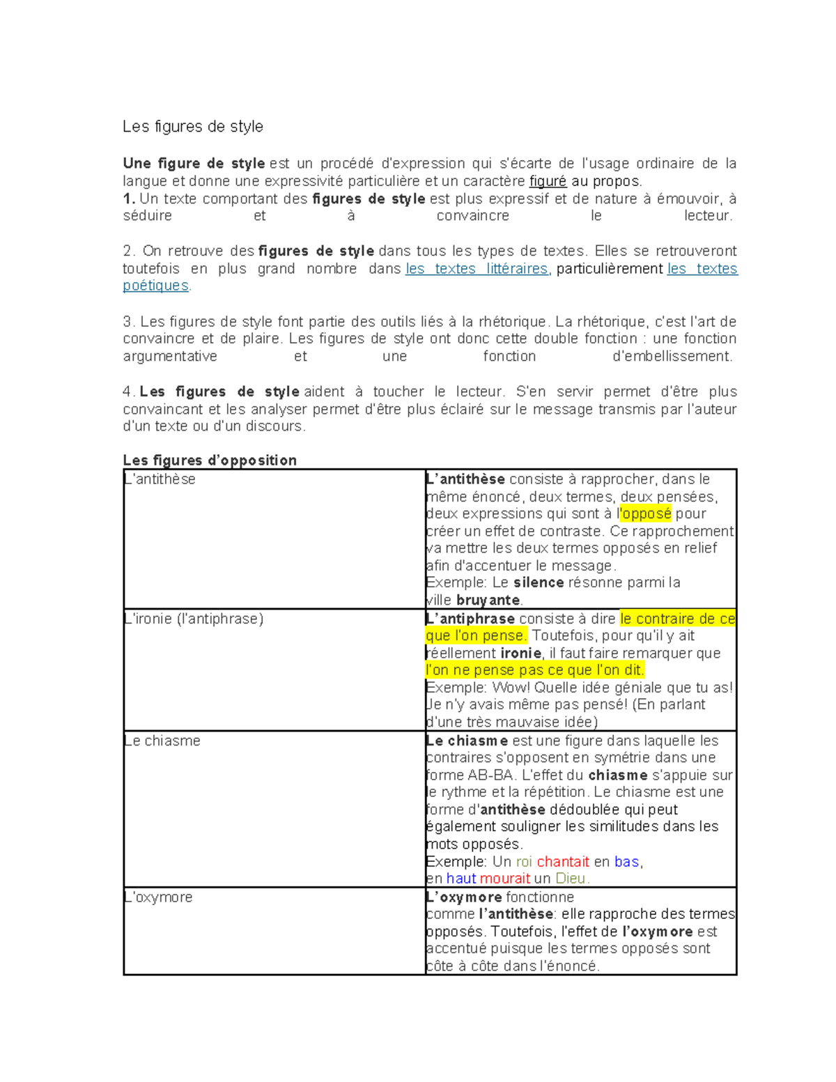 Les figures de style - Un texte comportant des figures de style est ...