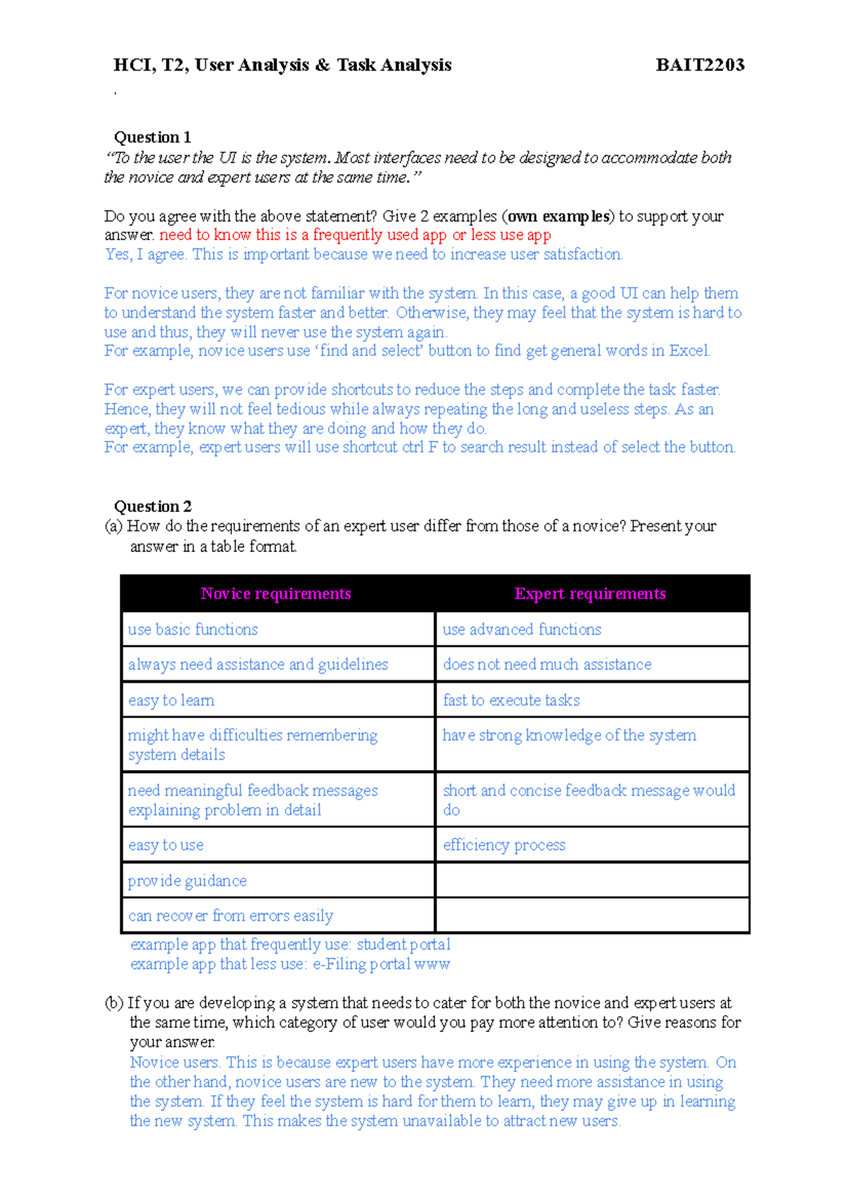 T02, User+Tasks Analysis - HCI, T2, User Analysis & Task Analysis BAIT Question 1 “To the user ...