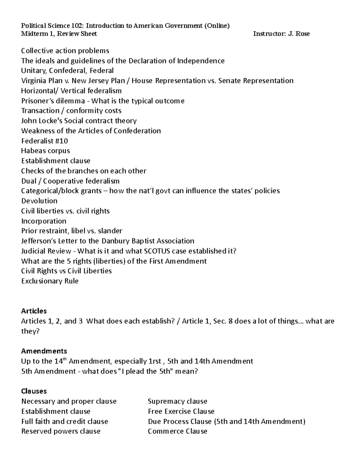 Midterm 1 Review Sheet 102 - Political Science 102: Introduction to ...