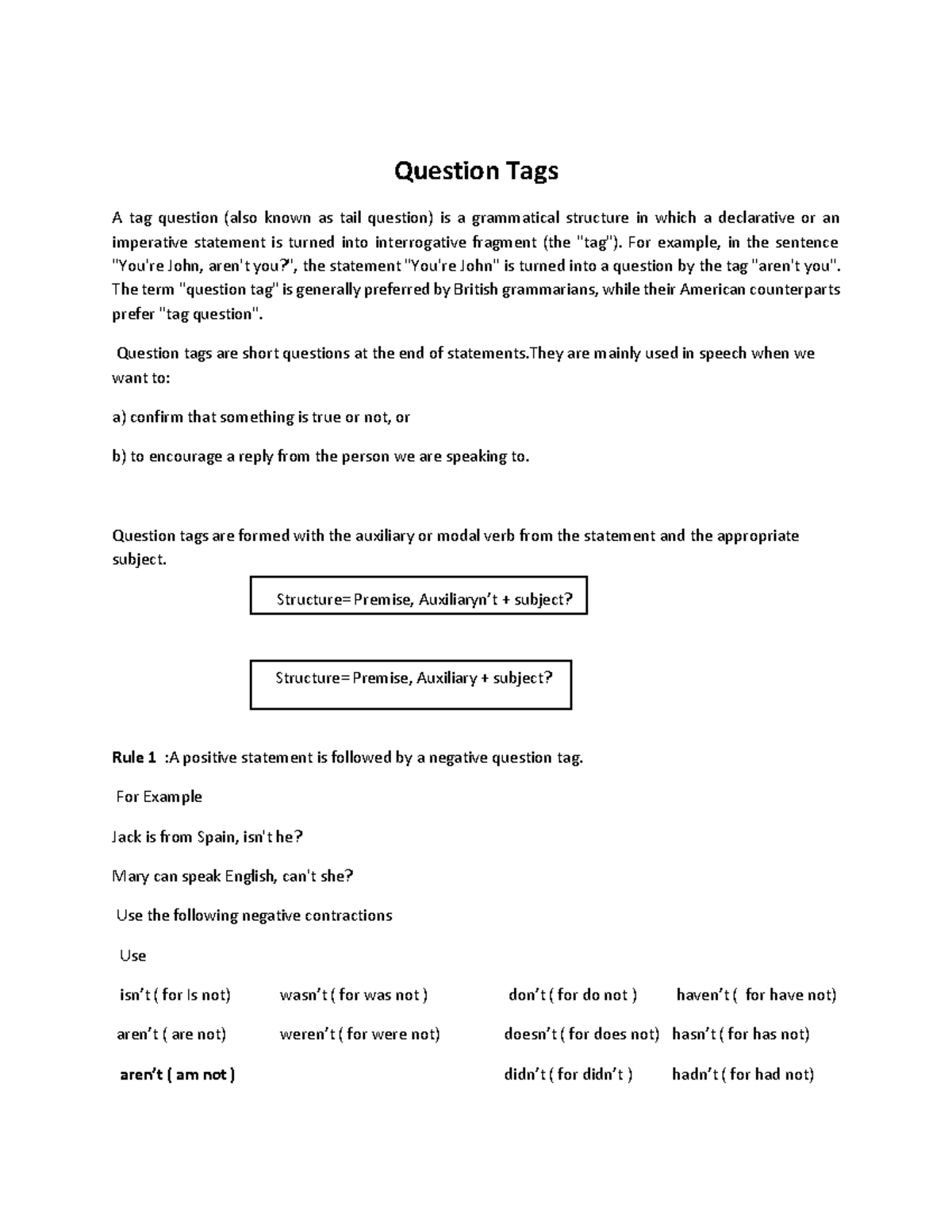 Question Tags - english grammar - Question Tags A tag question (also ...