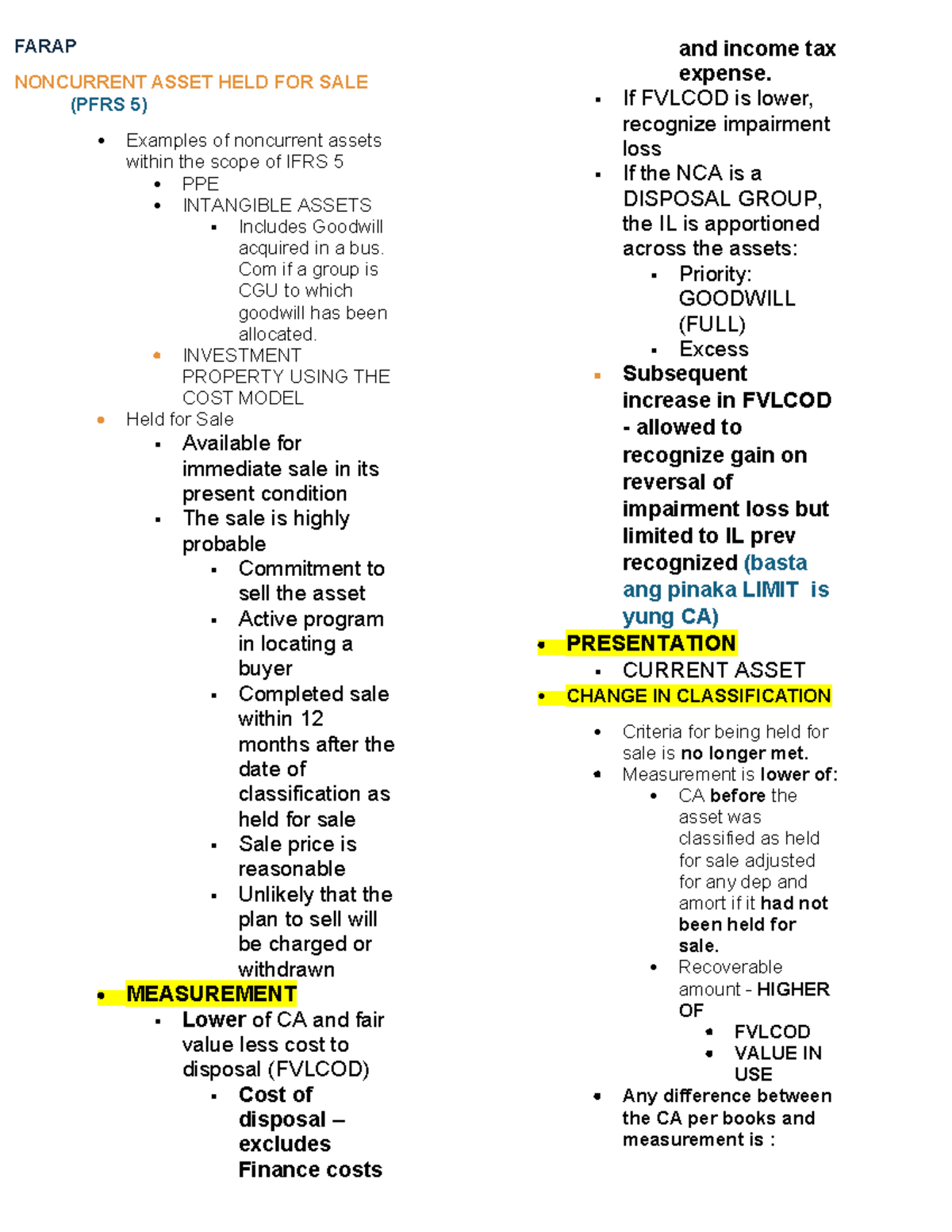 Notes na dikit pader - FARAP NONCURRENT ASSET HELD FOR SALE (PFRS 5 ...