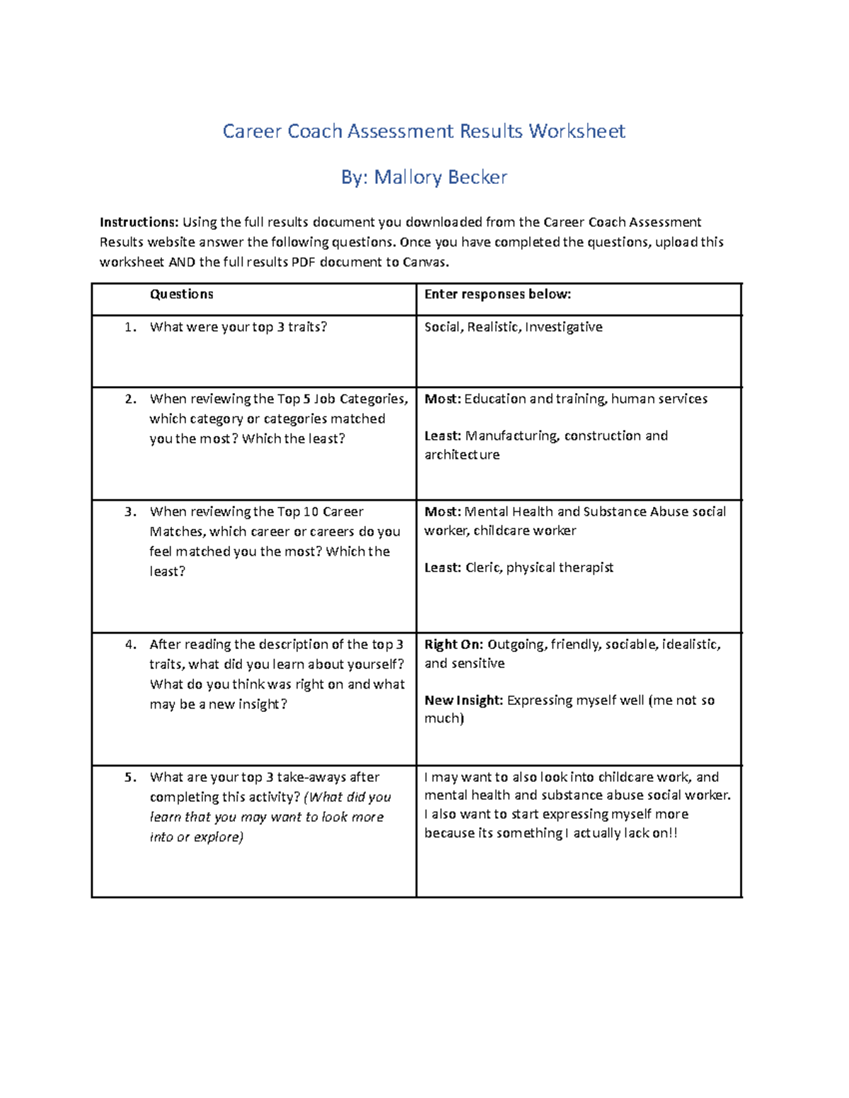 Career Coach Assessment Worksheet (1) (1) - Career Coach Assessment ...