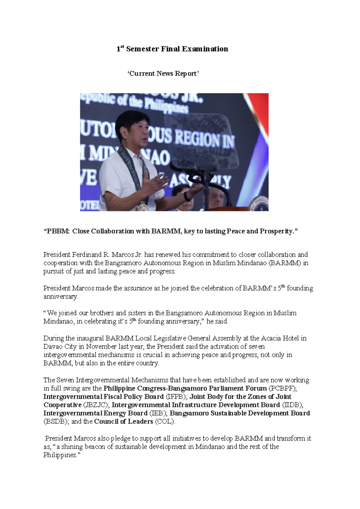 1st Semester Final Examination Report - 1 st Semester Final Examination ‘Current News Report ...