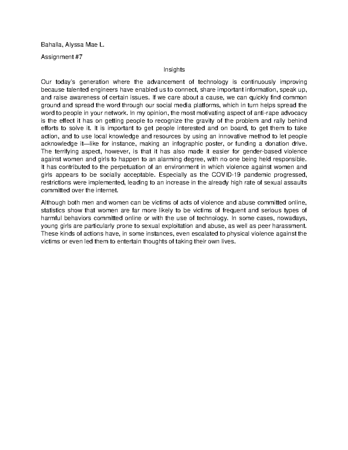 Assignment 7 - Insights ( Bahalla) - Bahalla, Alyssa Mae L. Assignment ...