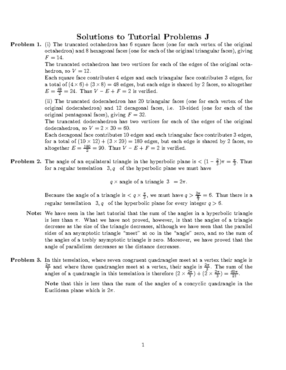 Tutorial J Solutions - Solutions to Tutorial Problems J Problem 1. (i ...