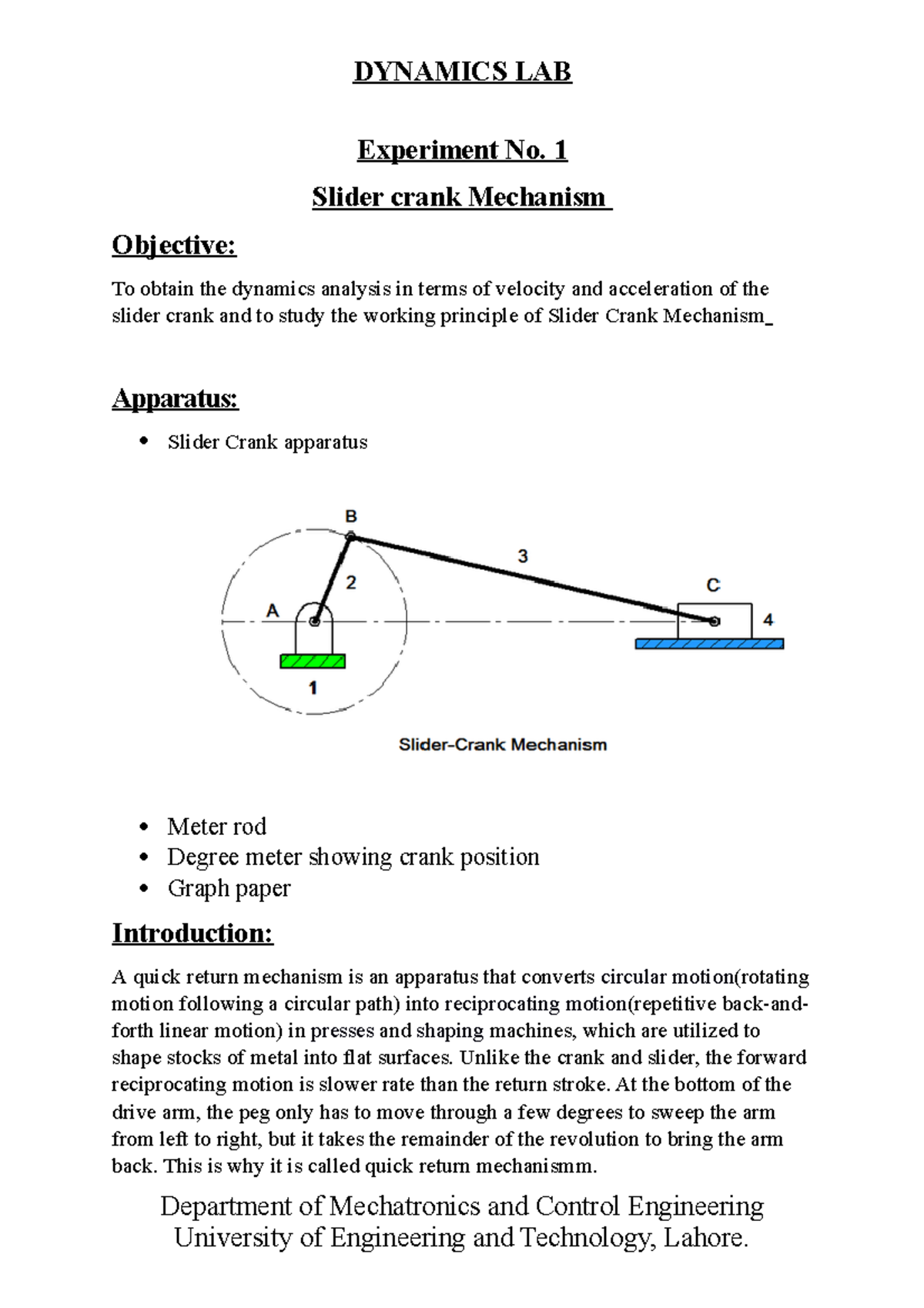 Slider crank - dynamics lab experiments - DYNAMICS LAB Experiment No. 1 ...