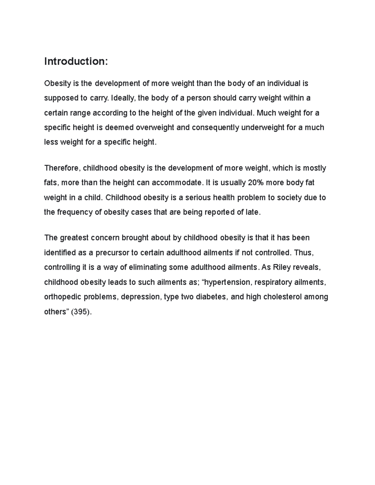 Introduction - essay - Introduction: Obesity is the development of more ...