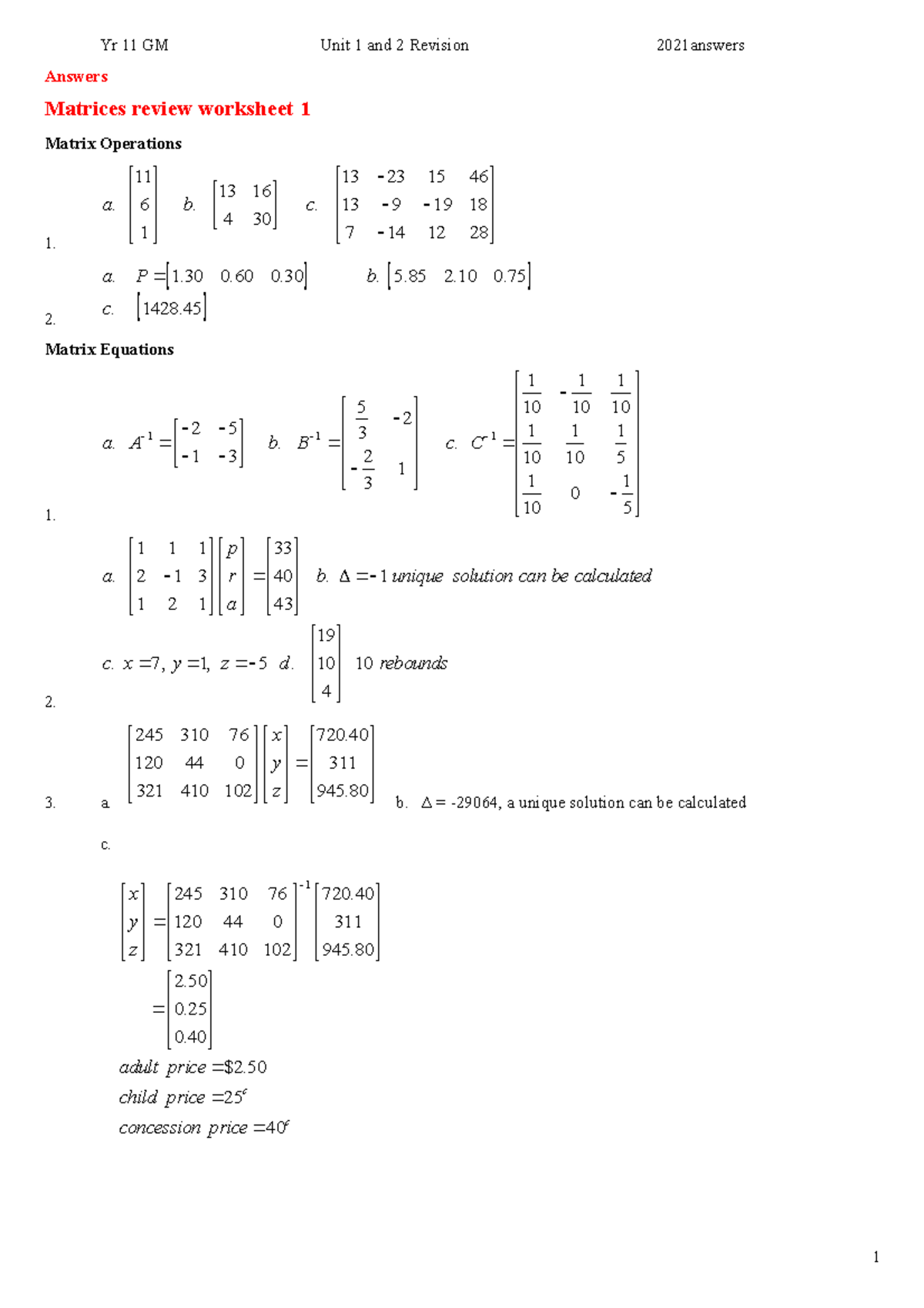 Revision Booklet answ - Answers Matrices review worksheet 1 Matrix ...