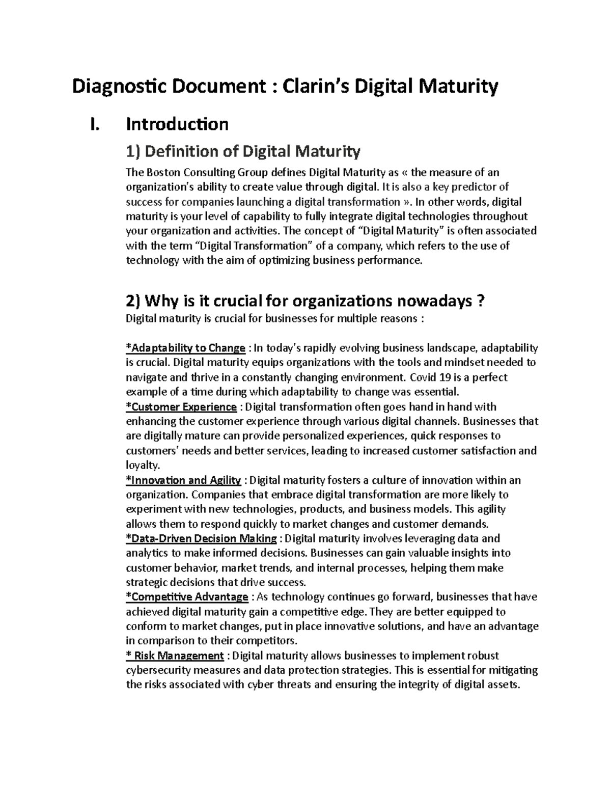 Clarins PGEY1.pdf. - Diagnostic Document : Clarin’s Digital Maturity I. Introduction 1 ...