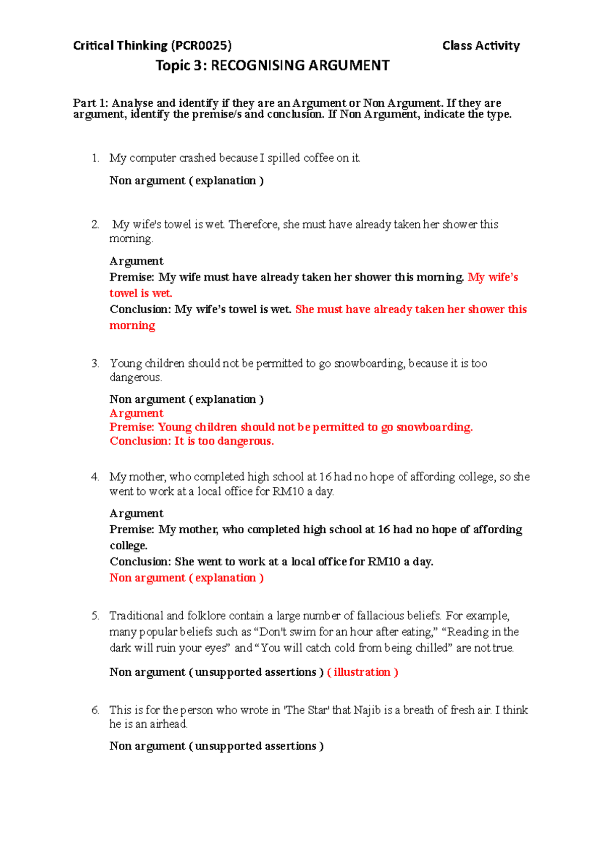 Topic 3 Recognizing Argument - Topic 3: RECOGNISING ARGUMENT Part 1: Analyse and identify if ...