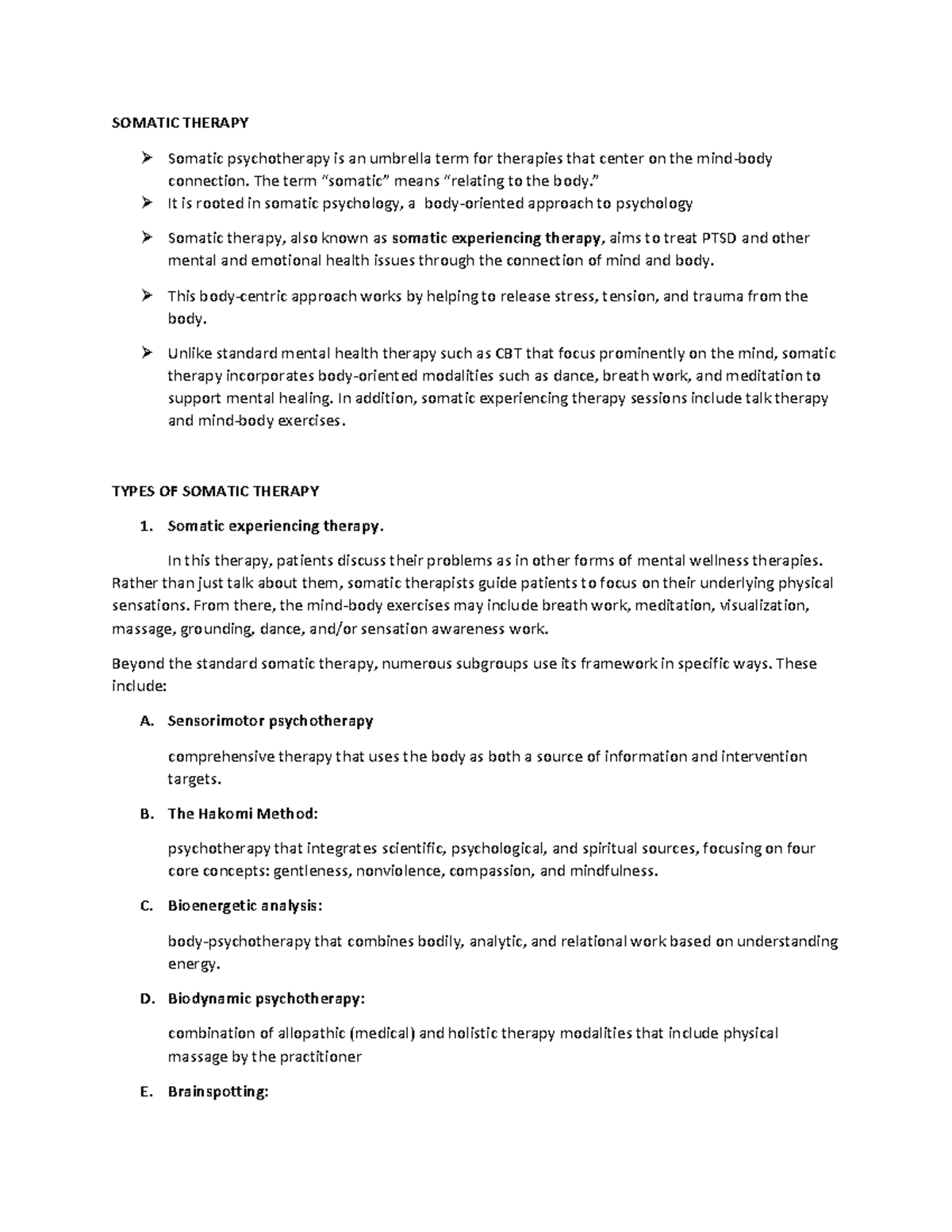 Somatic Therapy - Psychiatry - SOMATIC THERAPY Somatic psychotherapy is ...