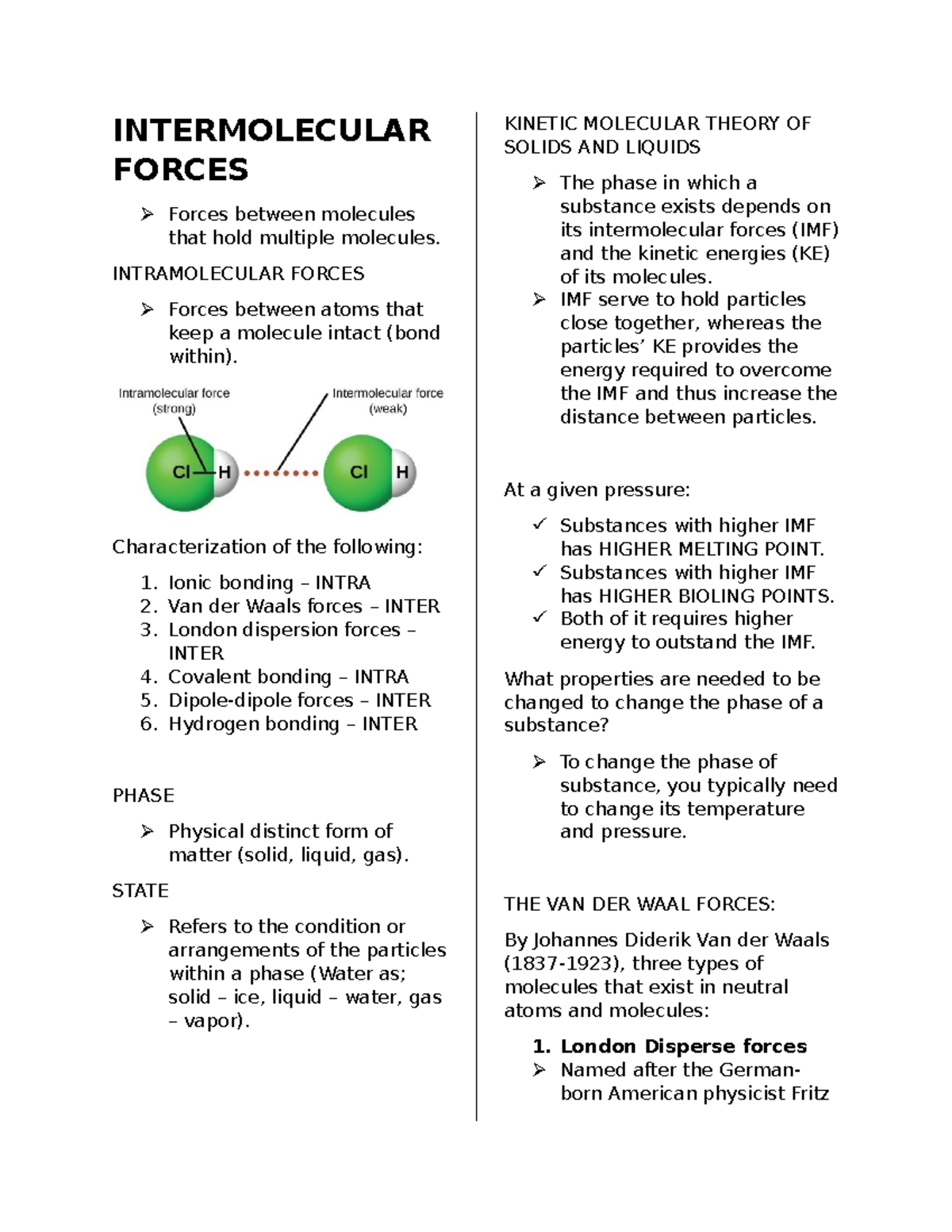 Chemistry Reviewer MOD 12 - INTERMOLECULAR FORCES Forces between ...