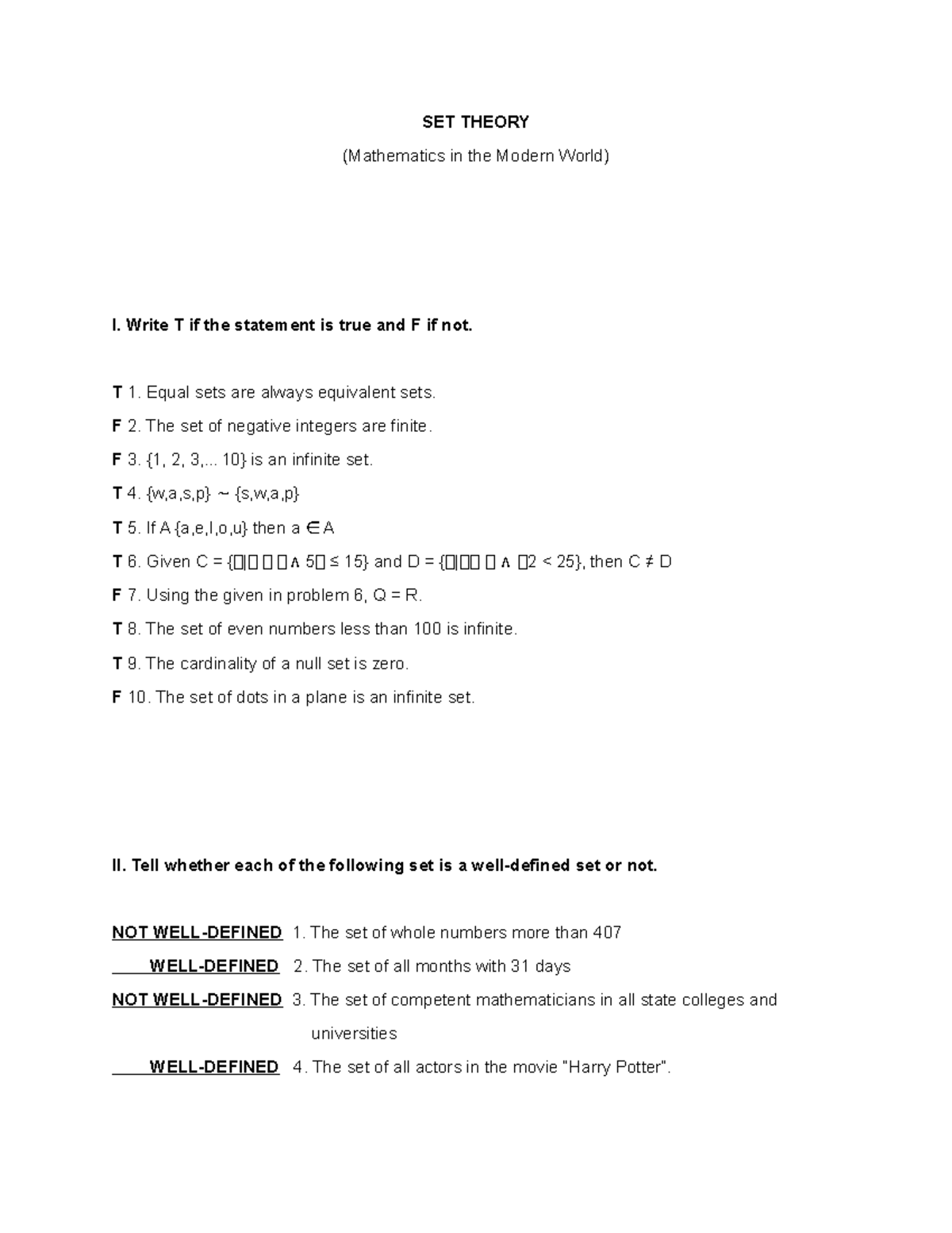 Chapter 1: Set Theory Bachelor of Science in Business Administration ...