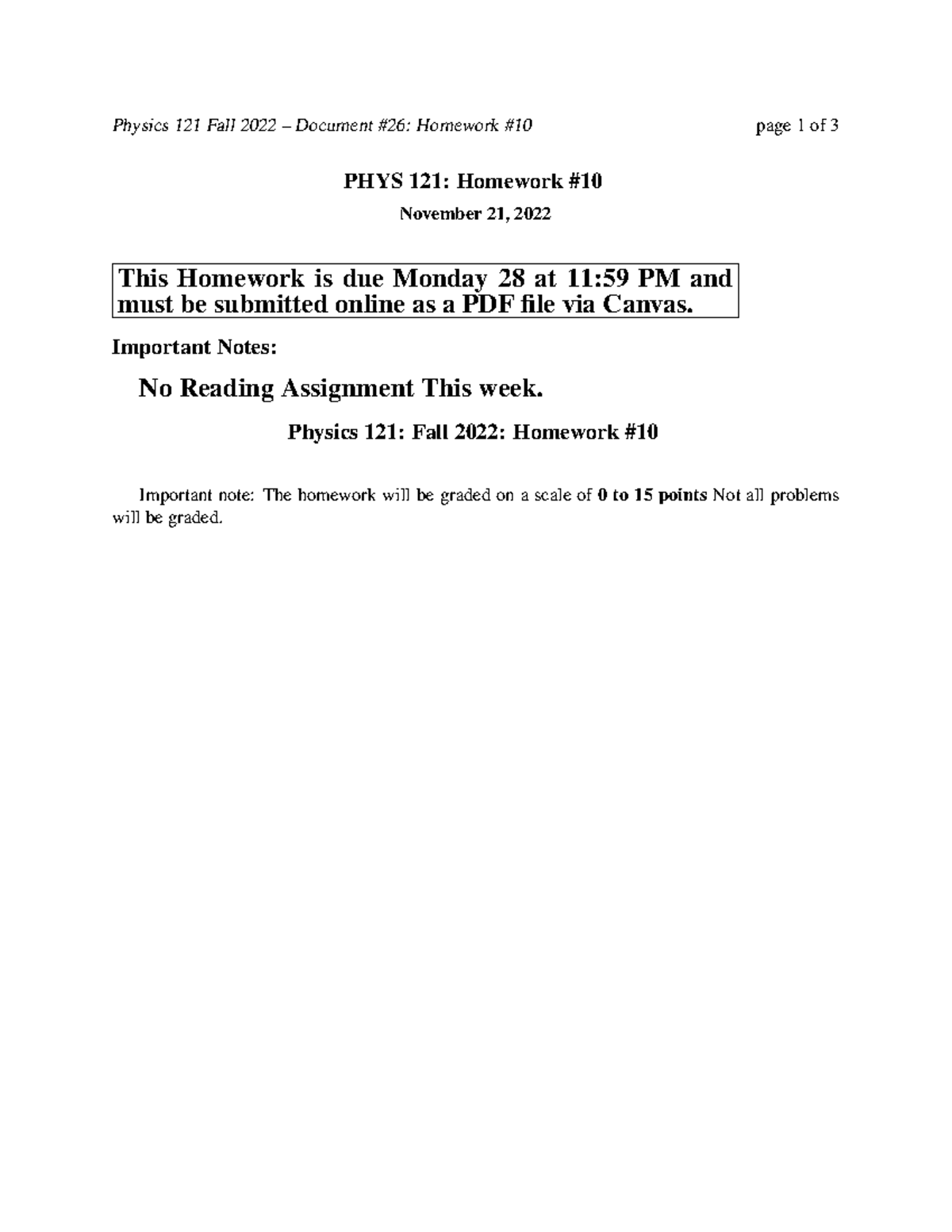 Physics 121 Homework 10 Physics 121 Fall 2022 Document 26