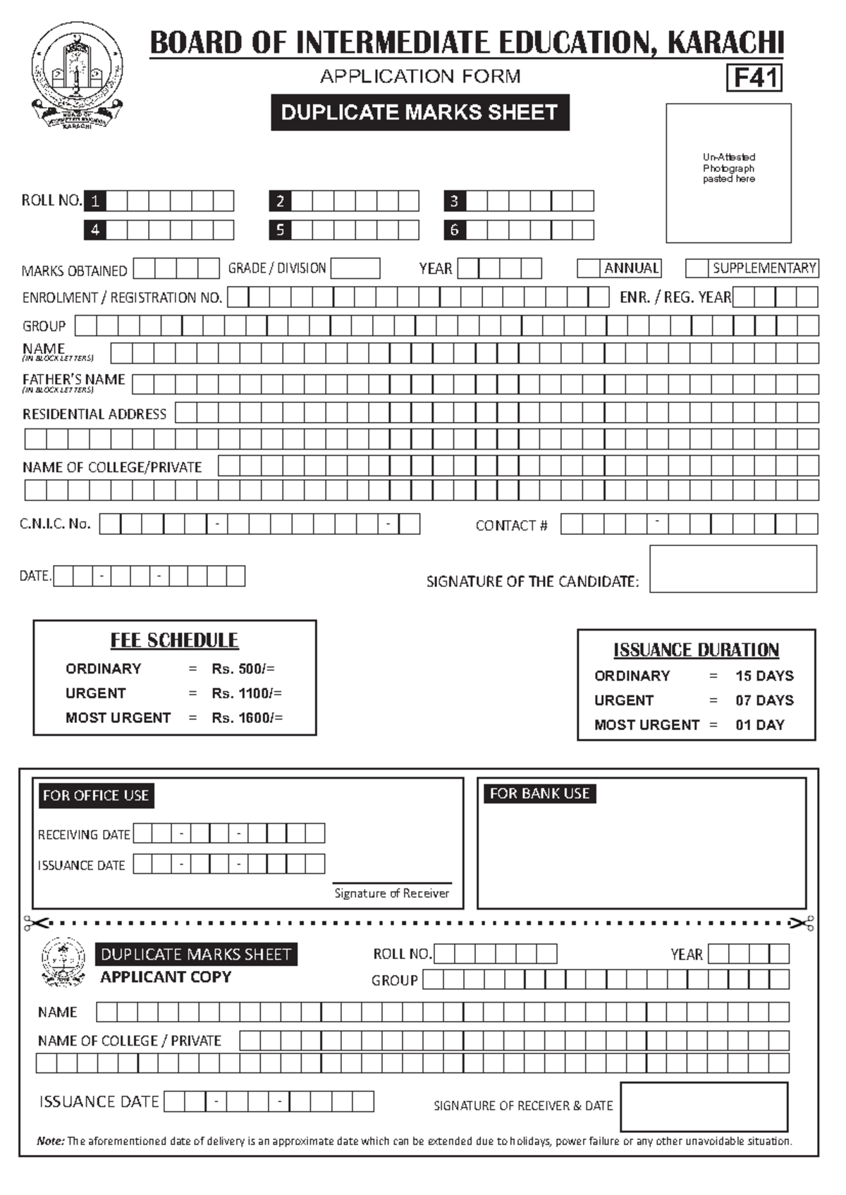Duplicate Marks Sheet Form - BOARD OF INTERMEDIATE EDUCATION, KARACHI ...