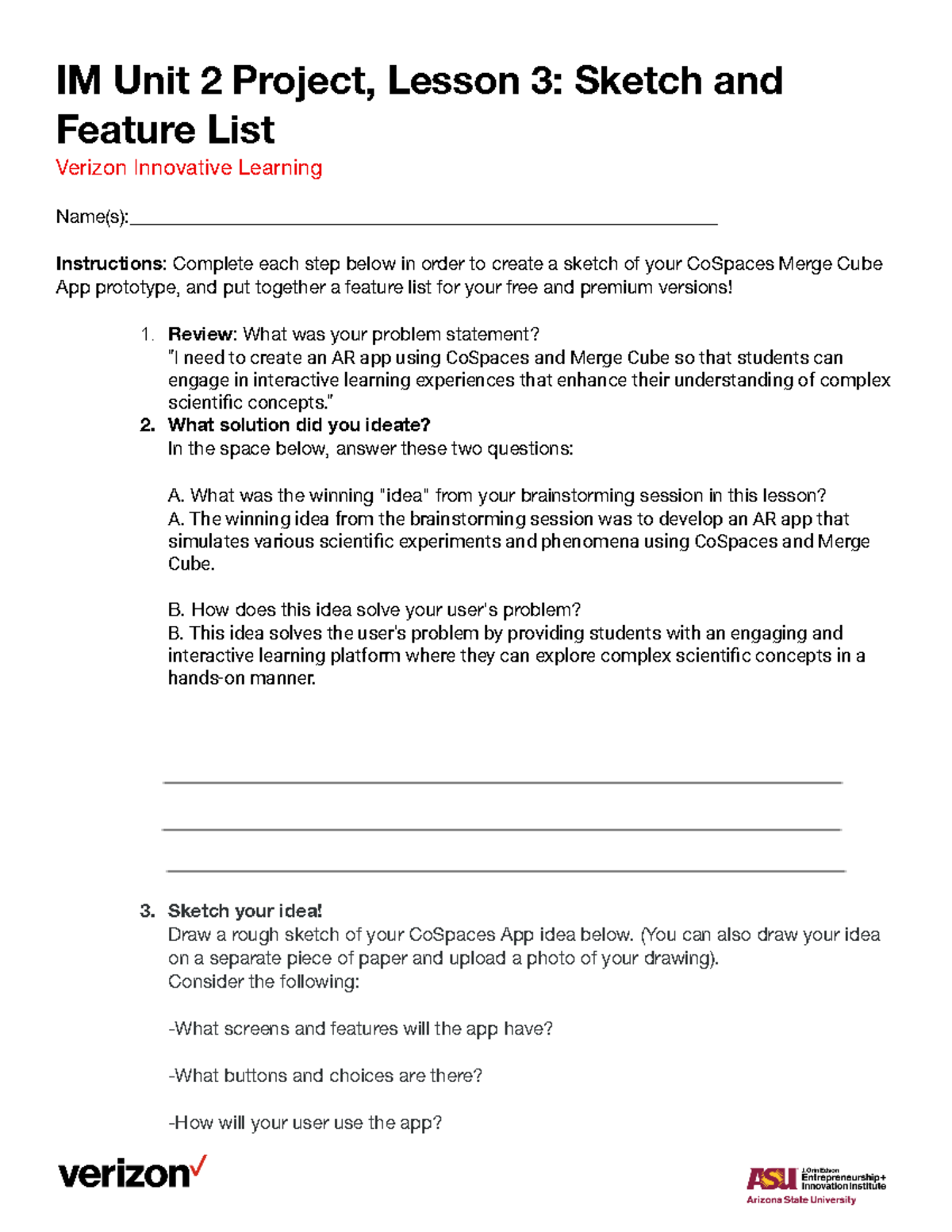 Copy of Student Worksheet Lesson 3 Ideate - Feature List Verizon ...