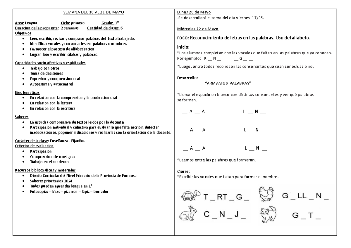 Semana DEL 20 AL 31 DE MAYO - SEMANA DEL 20 AL 31 DE MAYO Area: Lengua ...