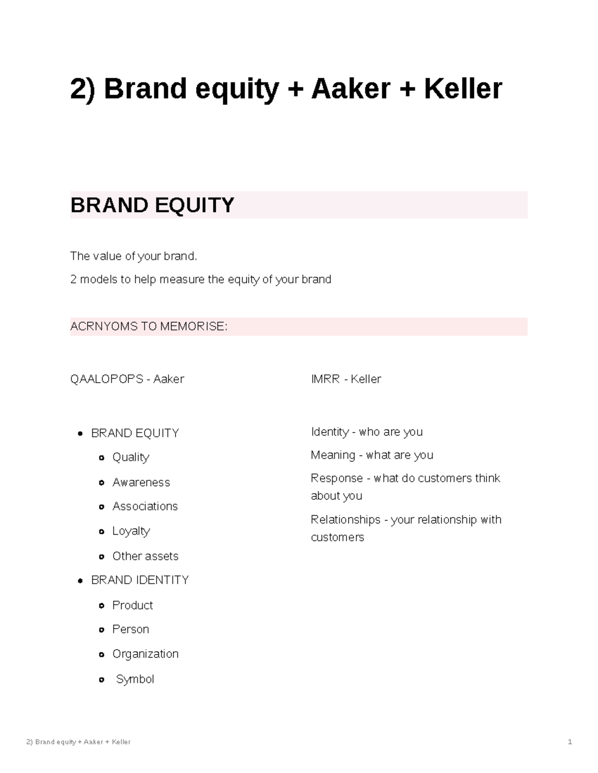 2) Brand equity + Aaker + Keller Model - 2) Brand equity + Aaker ...