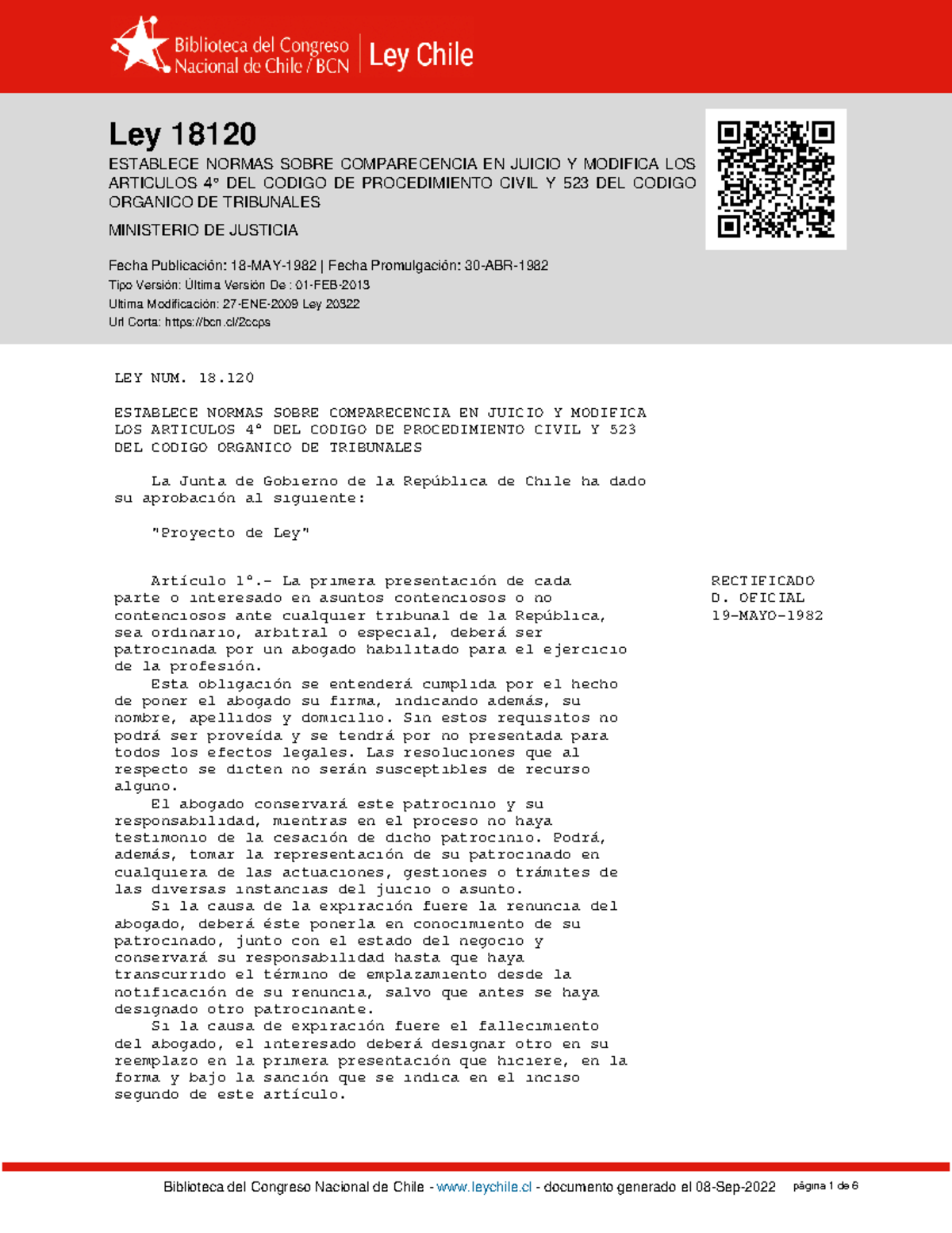 LEY 18.120 18 MAY 1982 - LEY 18.120 18 MAY 1982 - Ley 18120 ESTABLECE ...