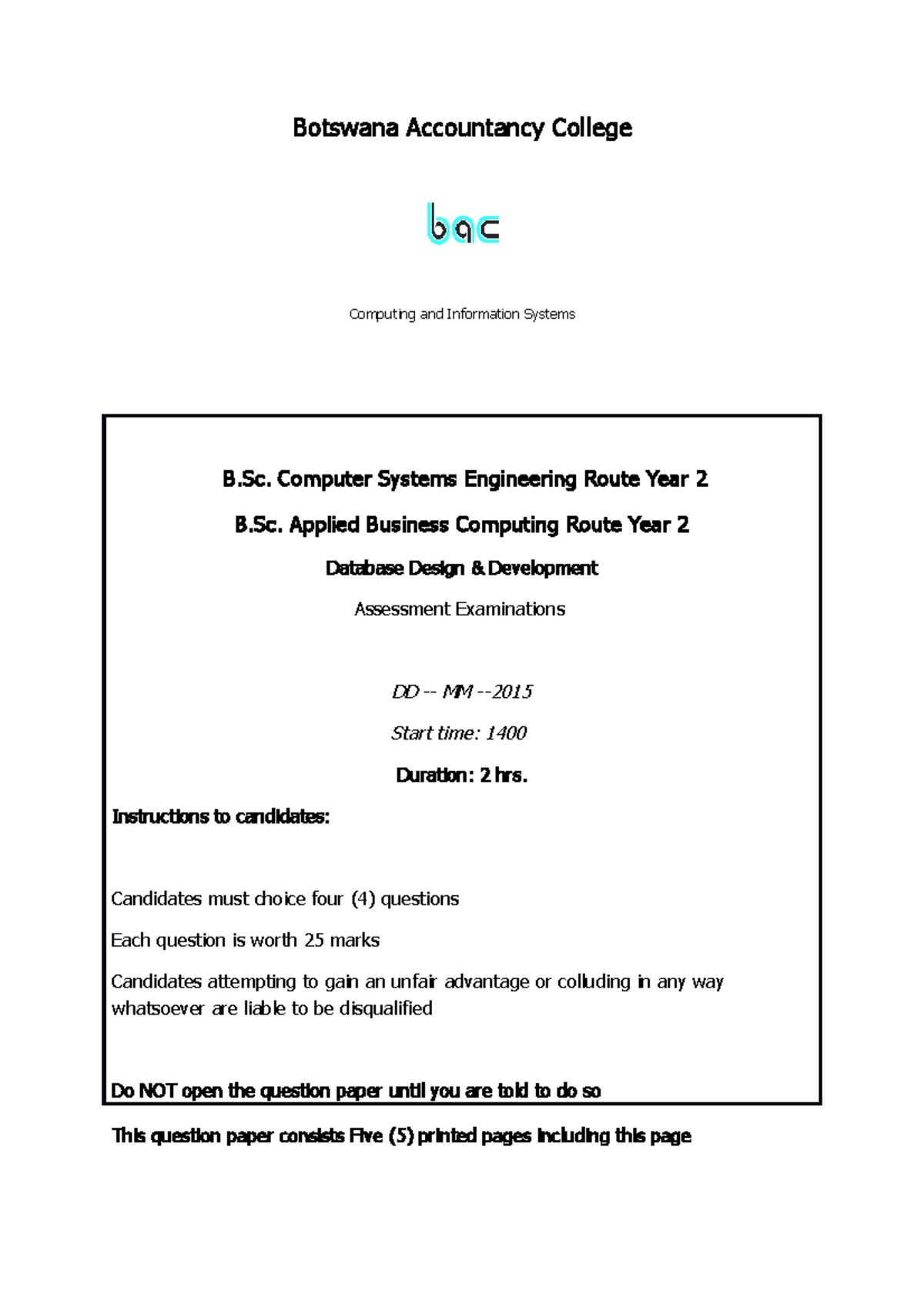 DDD2014 sup Exam - revision - Botswana Accountancy College Computing ...