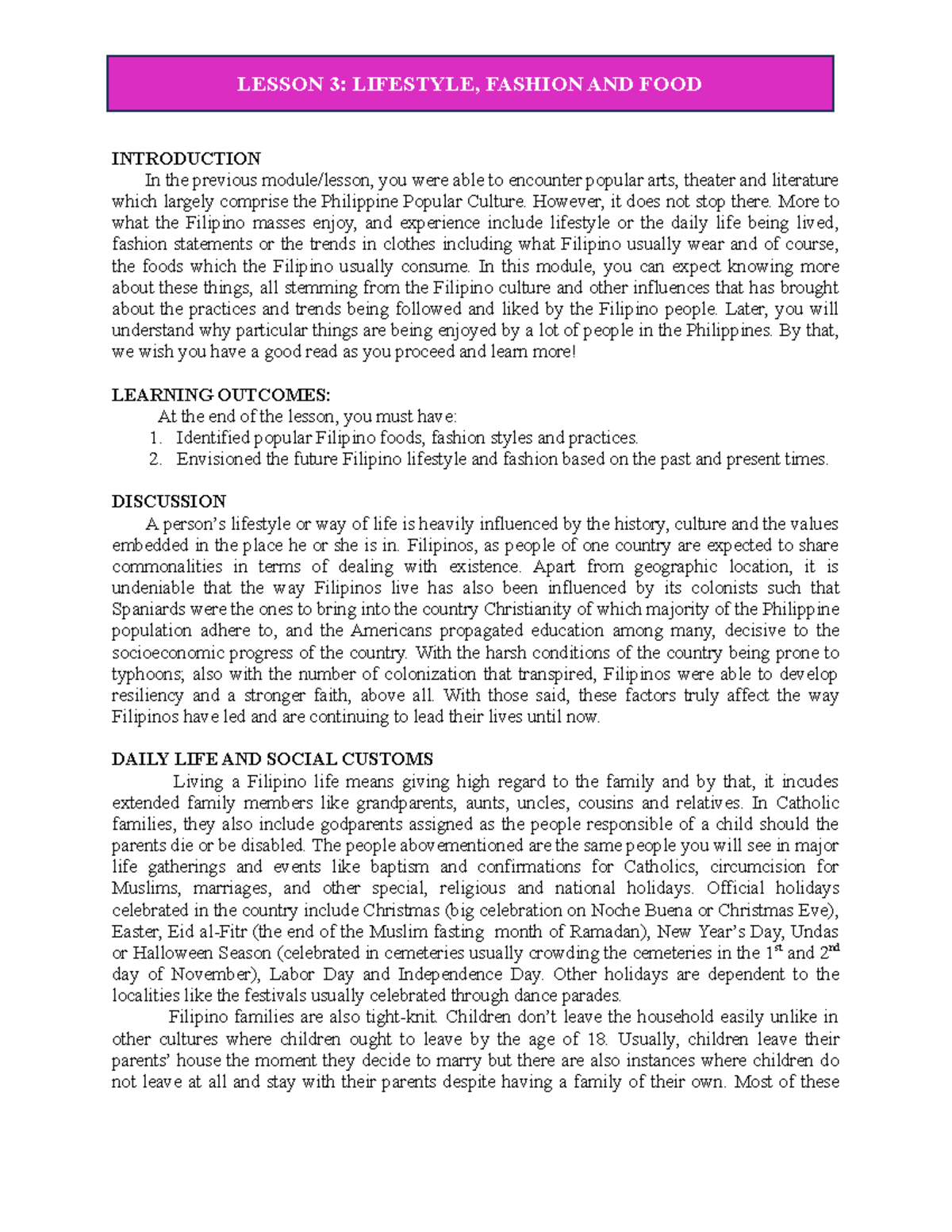 Philippine Popular Culture Lesson 3 - INTRODUCTION In the previous ...