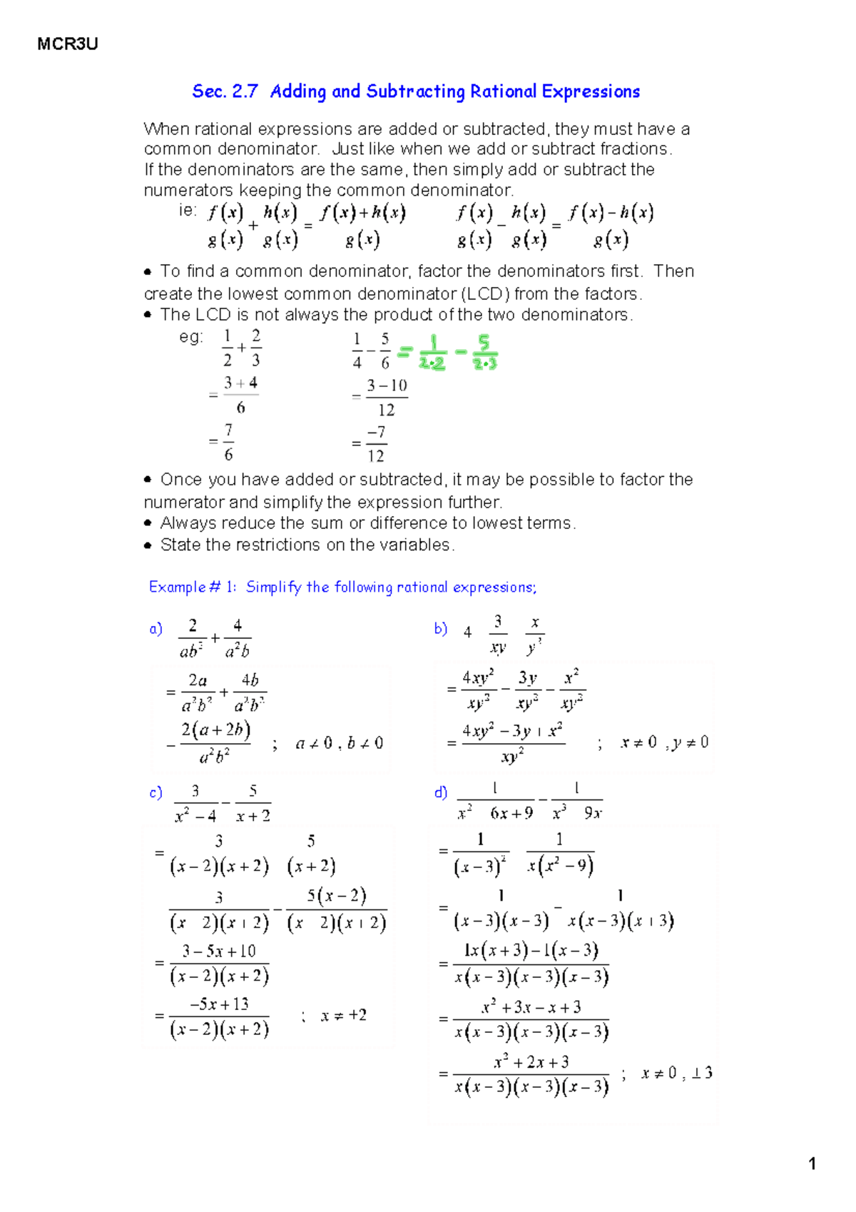 U02L05 Adding and Subtracting Rational Expressions - MCR3U 1 Sec. 2 ...