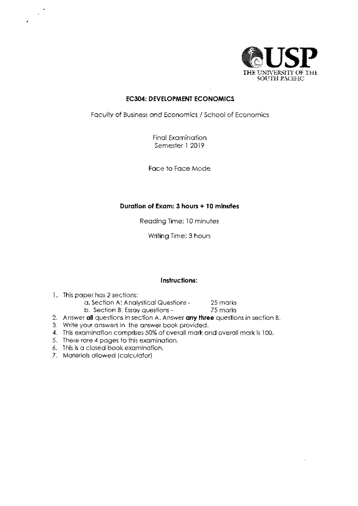 2019 - final paper - EC304: DEVELOPMENT ECONOMICS THE UNNERSIIT USP OF ...