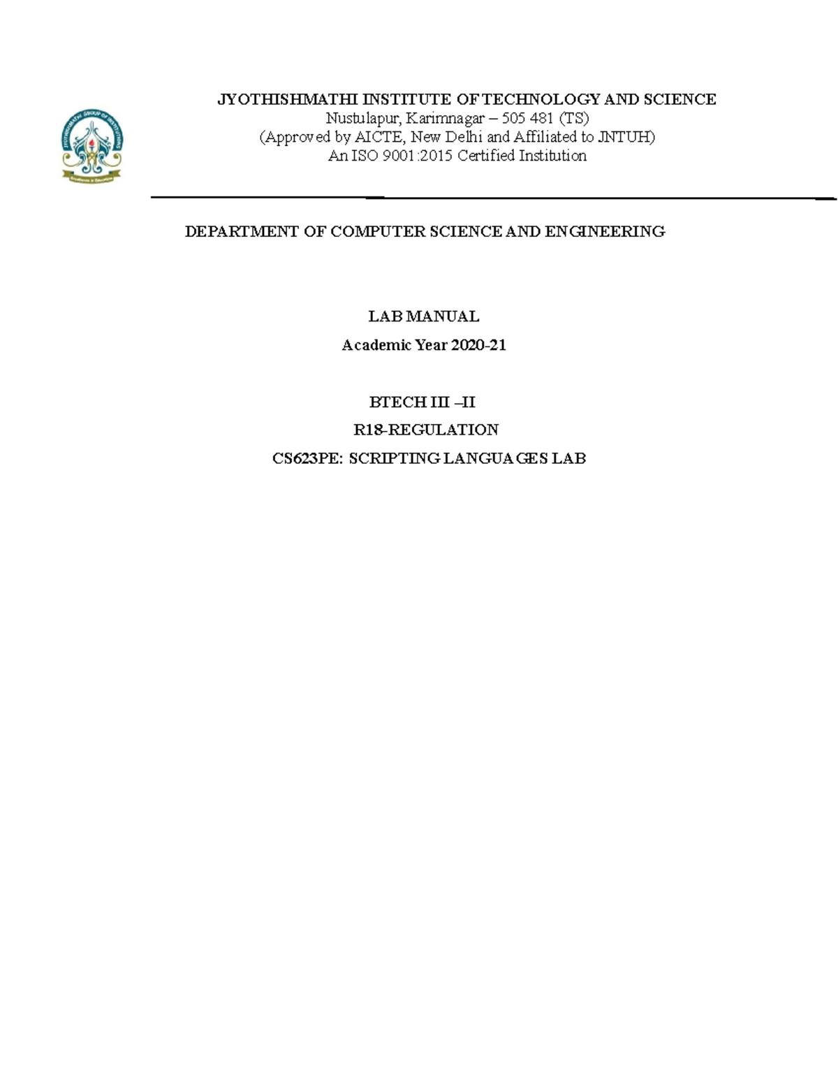 Scripting language-lab-manual upadated - JYOTHISHMATHI INSTITUTE OF TECHNOLOGY AND SCIENCE - Studocu